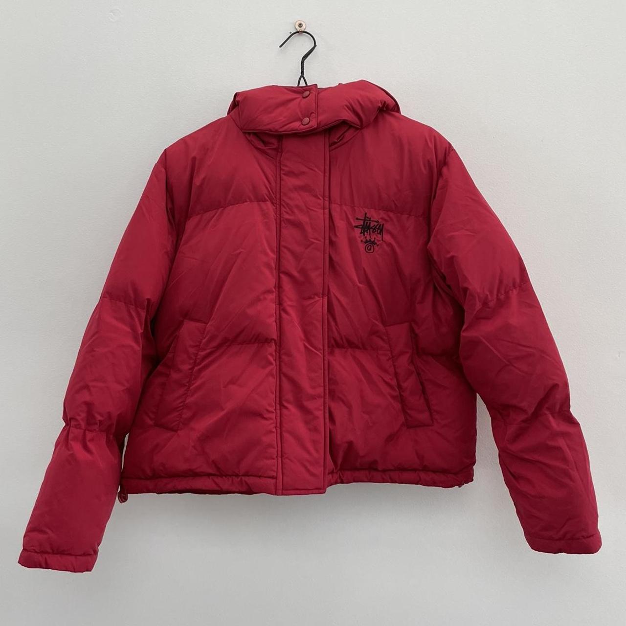 STUSSY Red Crop Hooded Puffer Jacket Like new... - Depop