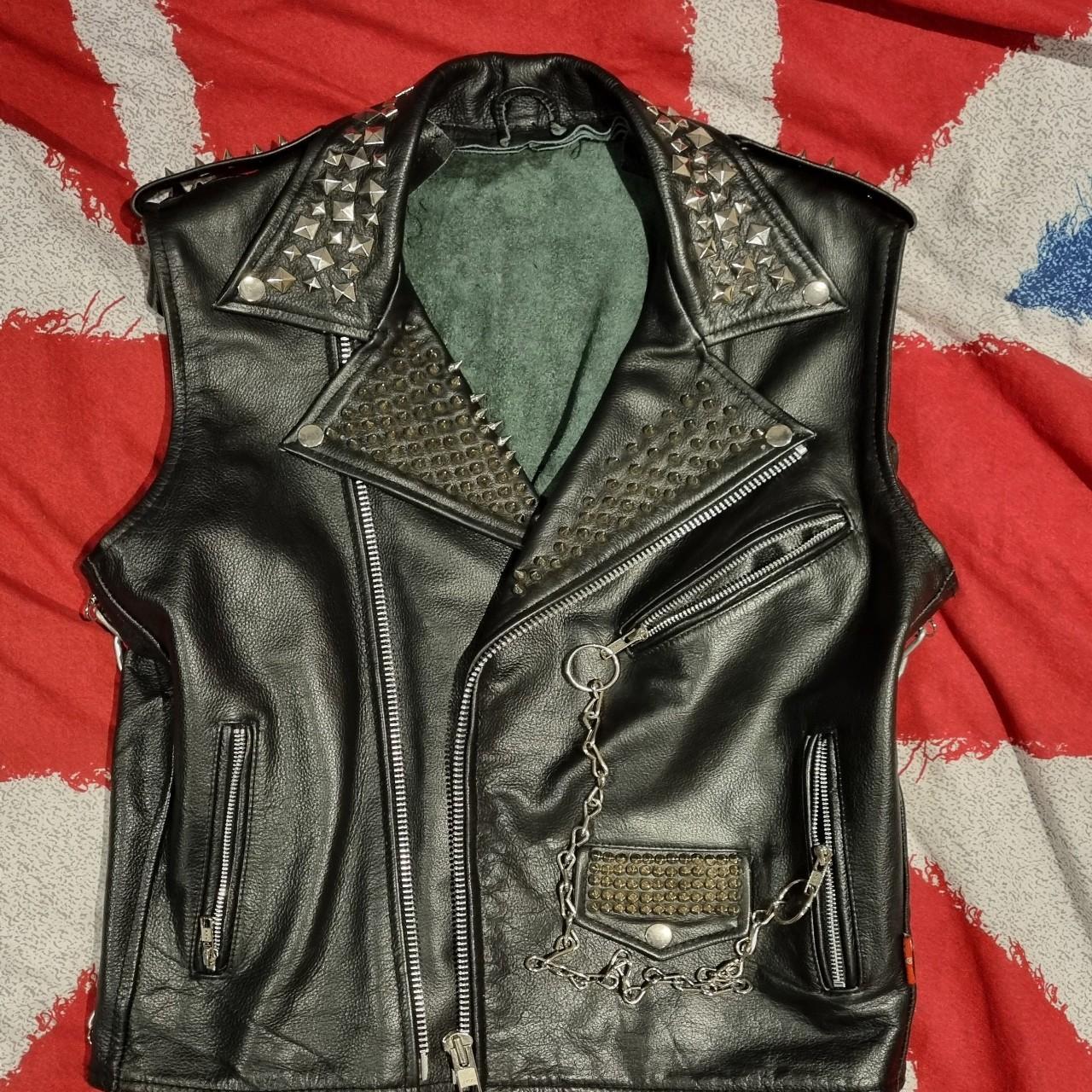 STUDDED LEATHER JACKET/GILLET WITH CHAINS REAL... - Depop