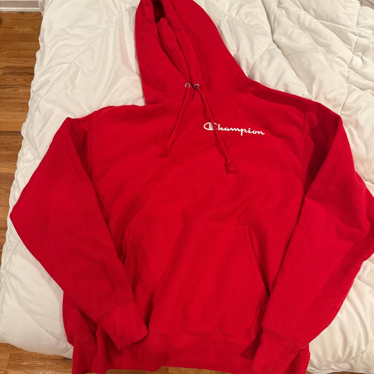 Bright red Champion hoodie. Size large. Perfect... - Depop