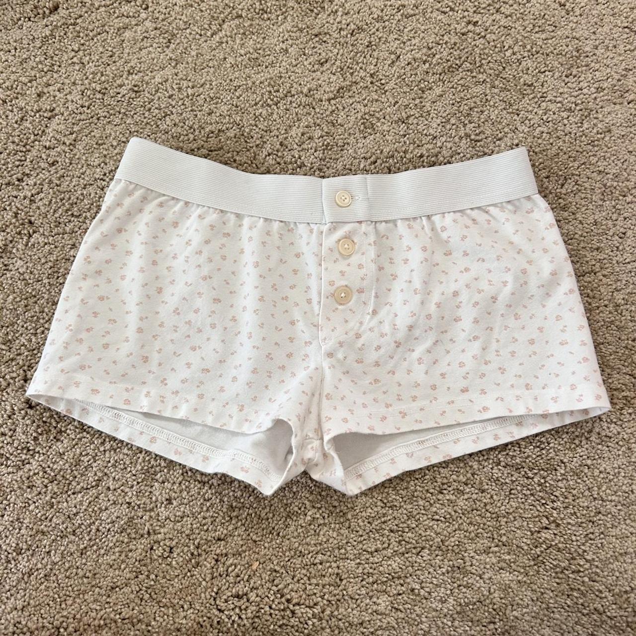 Brandy Melville White and Pink Floral Boxer... - Depop