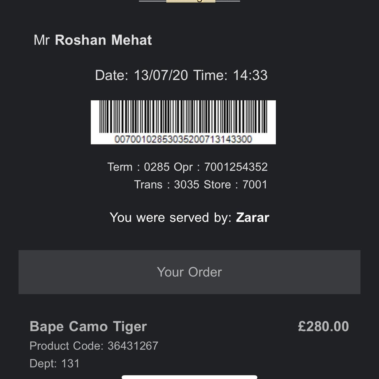 Receipt for bape hoodie - Depop