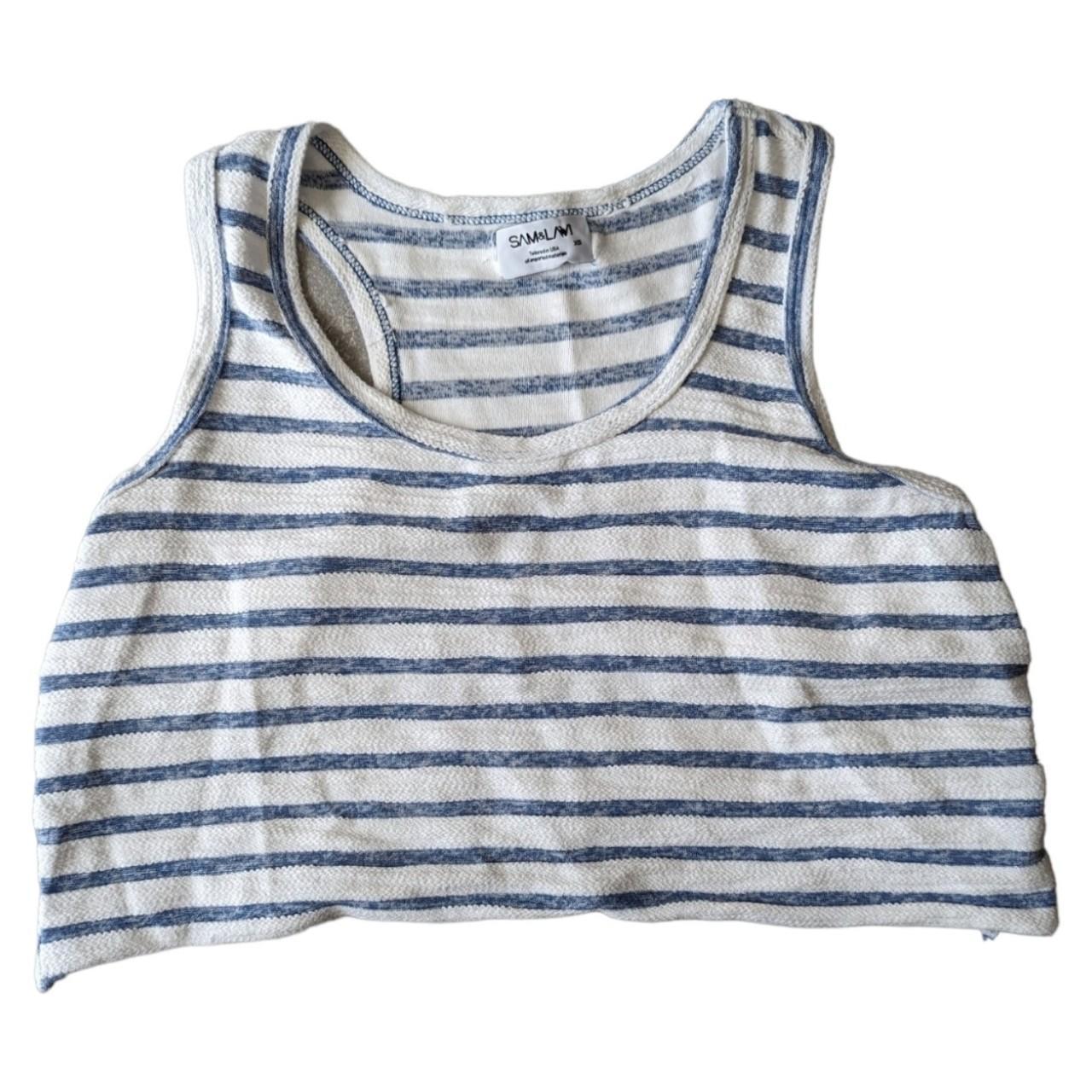 Blue and white terry cloth striped cropped tank top... - Depop