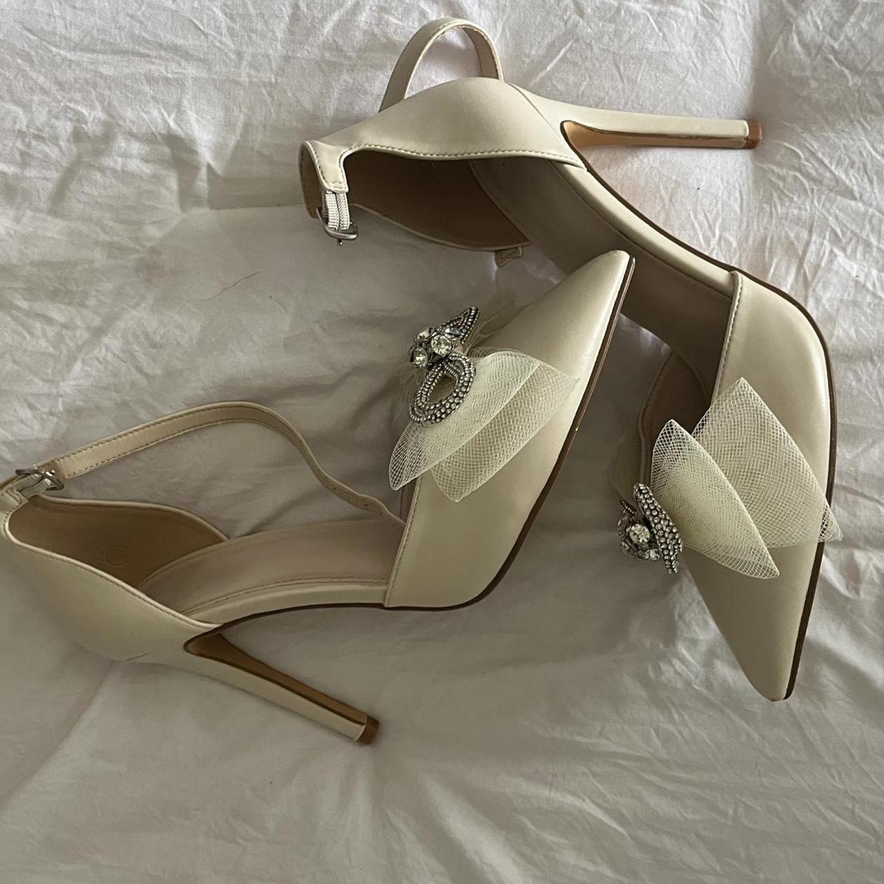 Cream pointed toe high heels with rhinestone and... - Depop