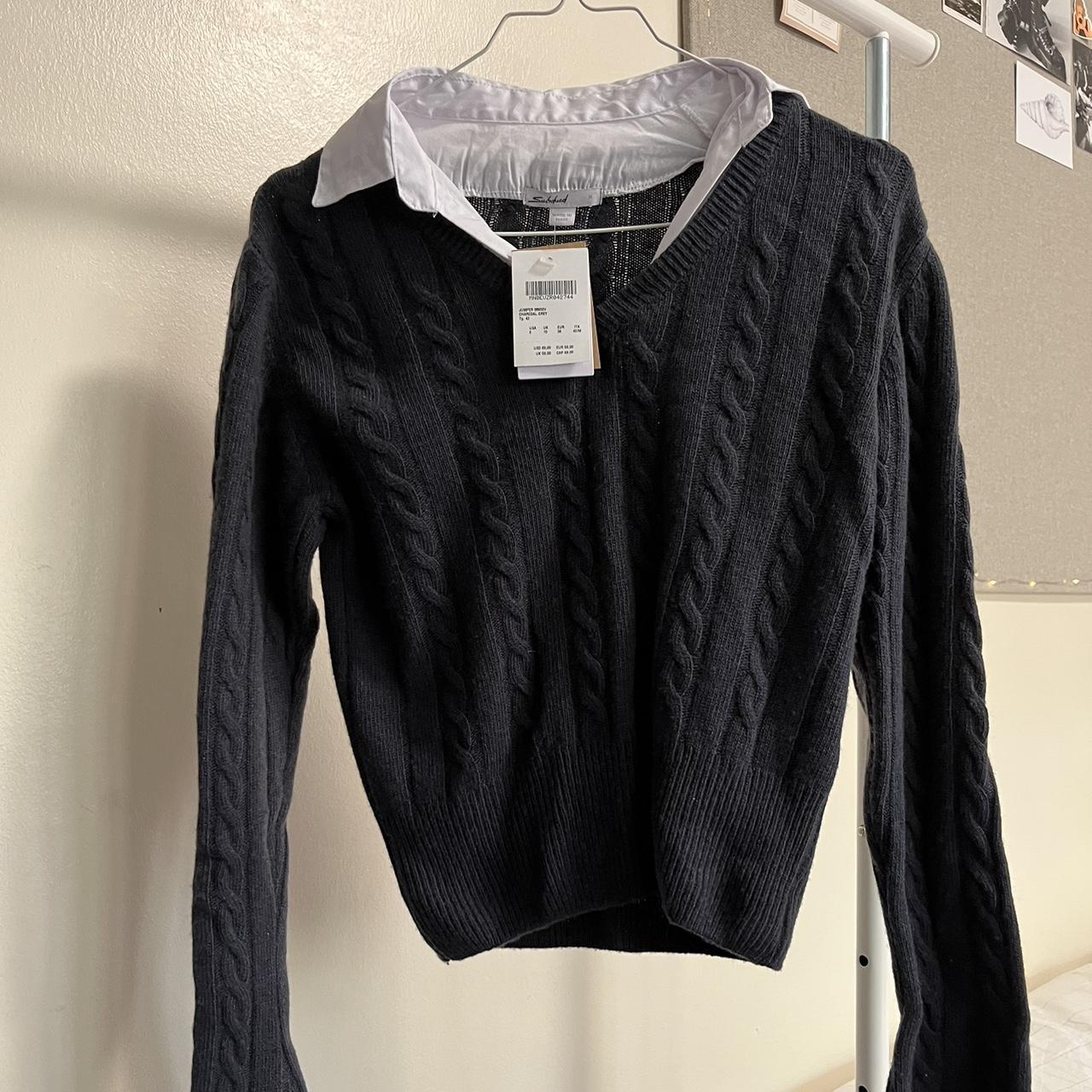 Subdued Grey Cable Knit Collared Jumper - super... - Depop