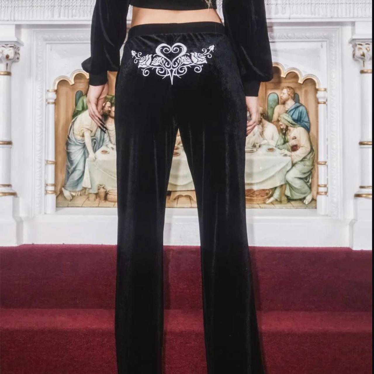 black low-waisted velour tracksuit bottoms with... - Depop