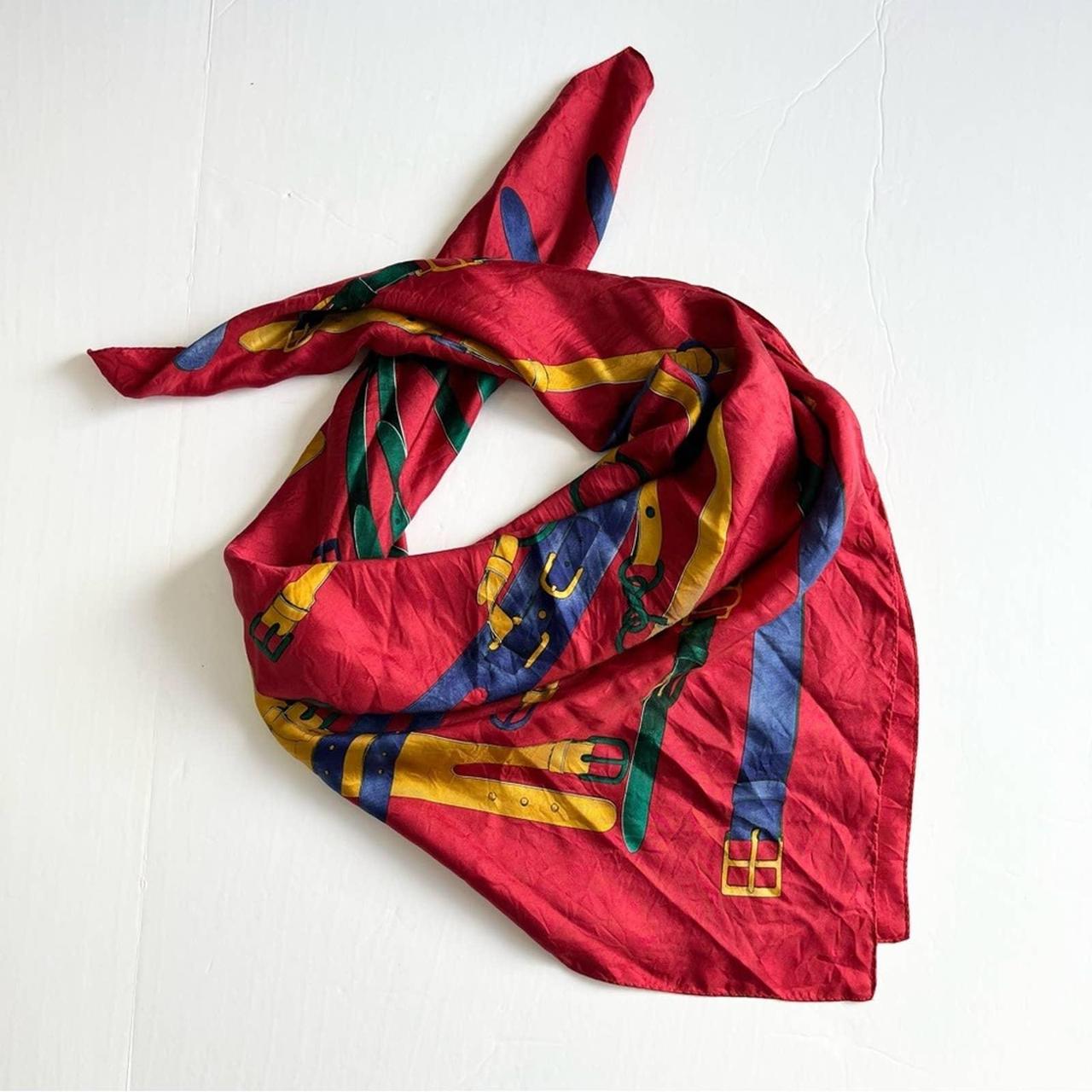 silk scarf red horse-bit equestrian buckle strap... - Depop