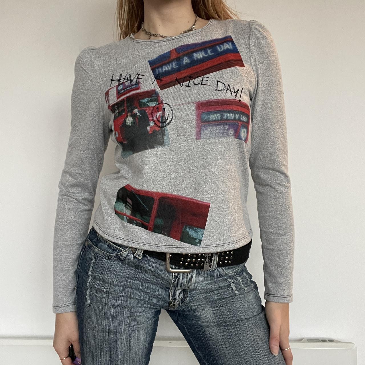 funky red bus collage style printed long sleeve top... - Depop