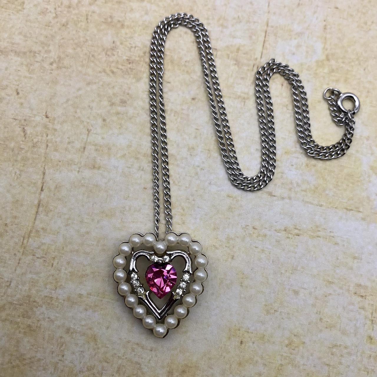Avon faux pearl pink rhinestone heart necklace.... - Depop
