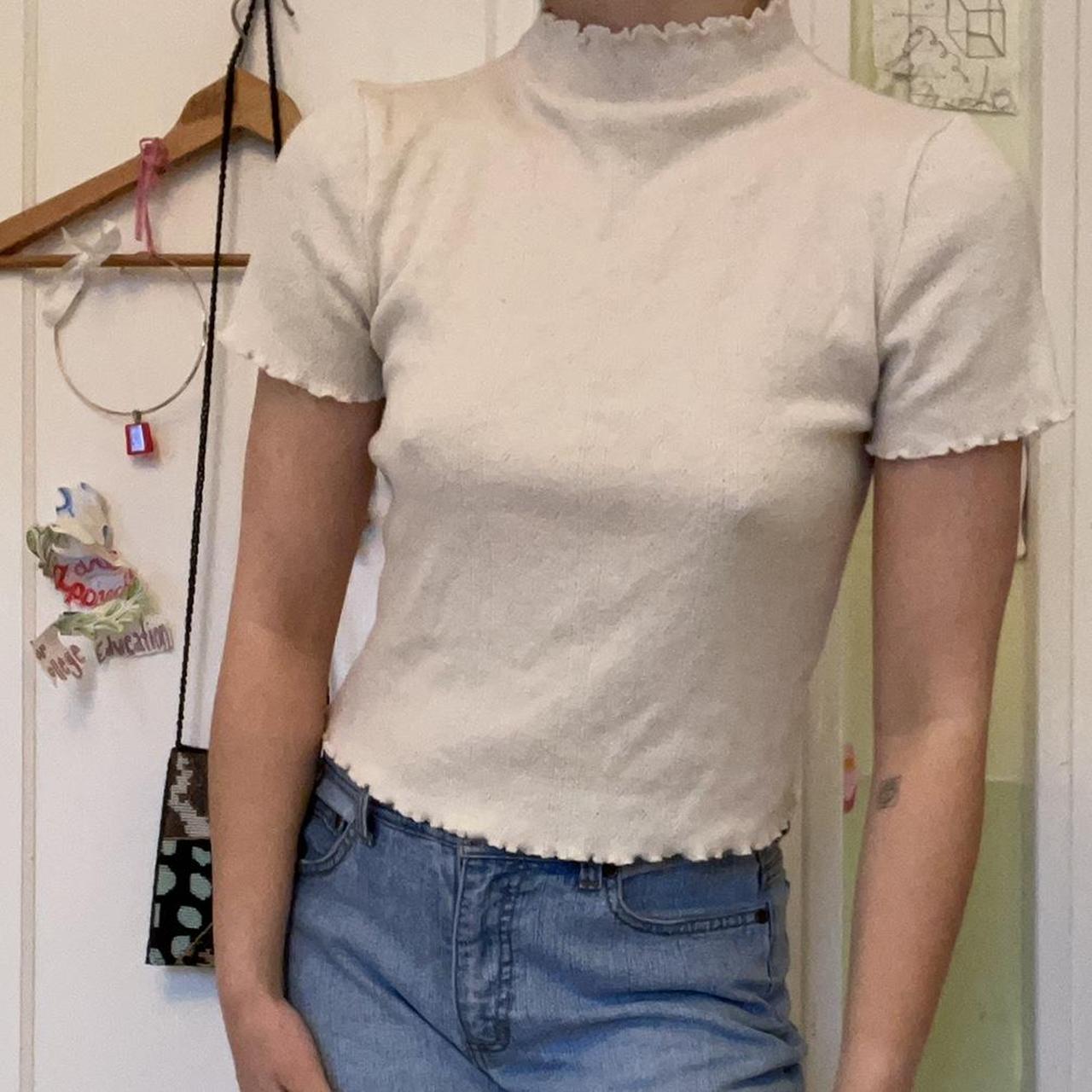 Cream crop lettuce edge top Soft knit Not see... - Depop