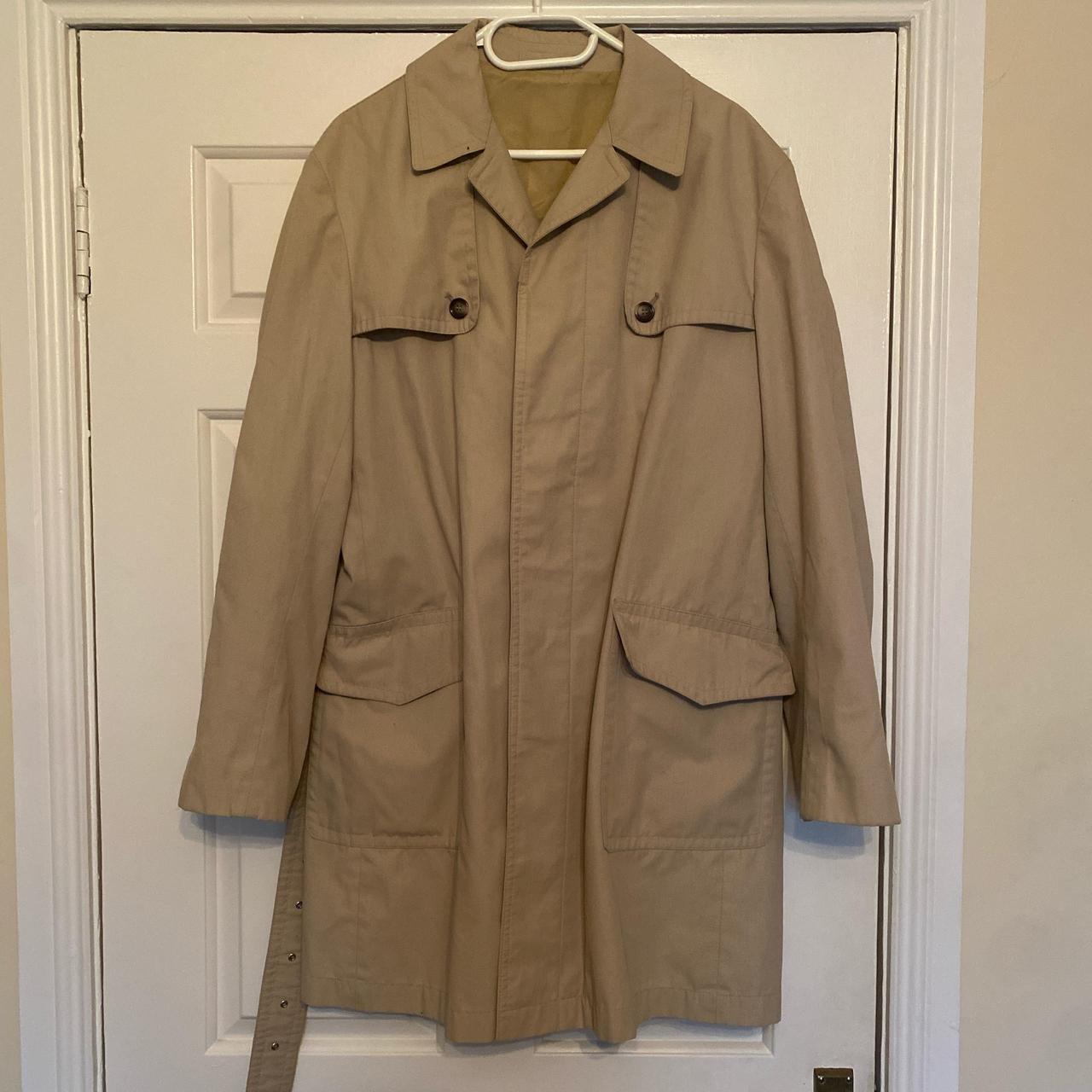 Tan and cream trench coat with belt originally a... - Depop