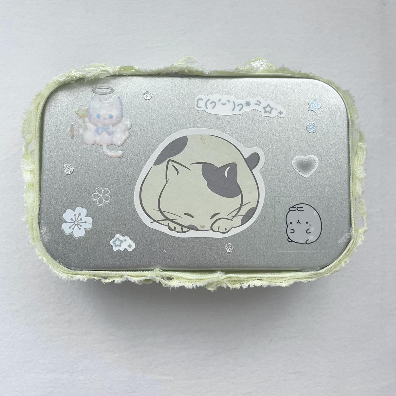 Cat y2k japanese sticker decorated metal tin trinket... - Depop