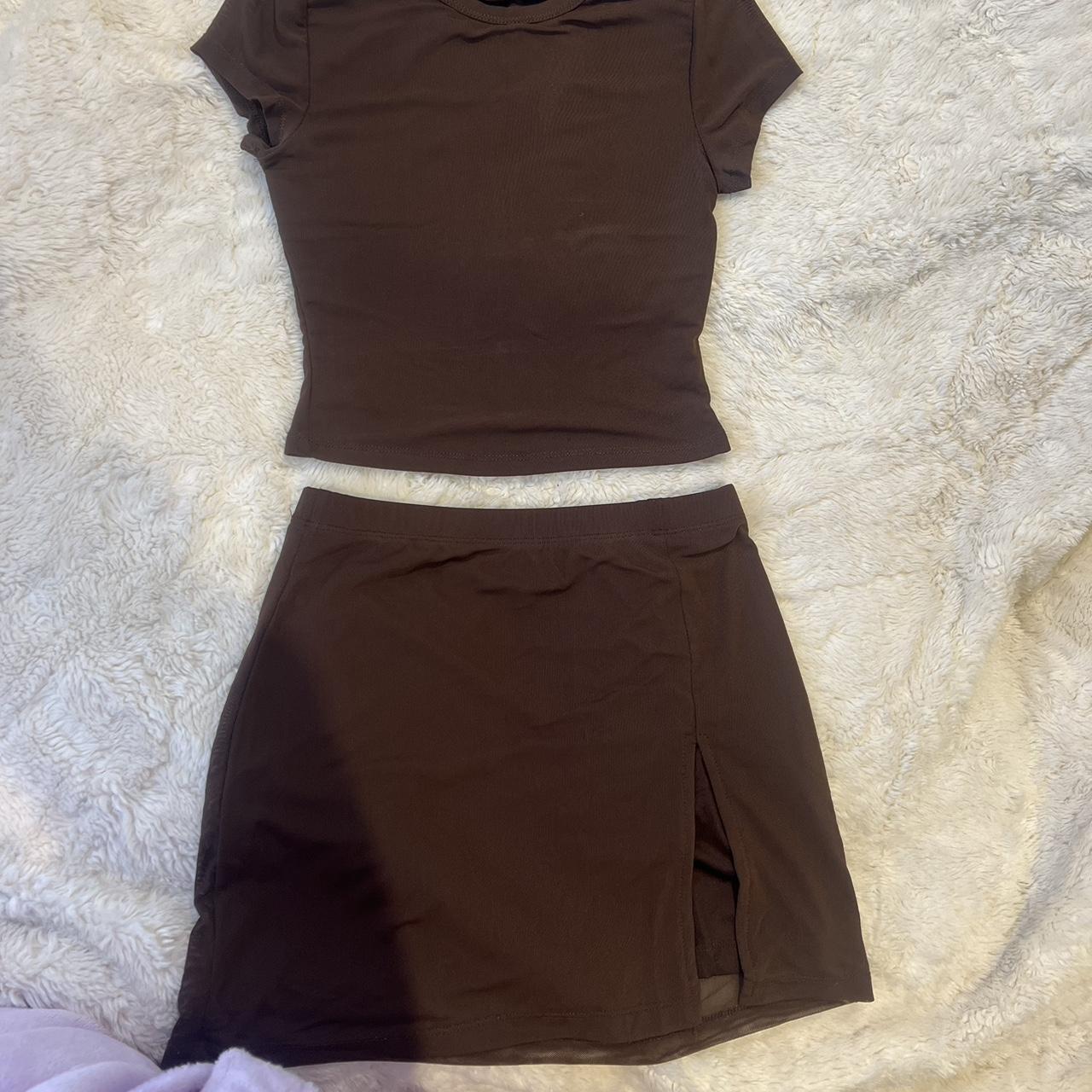 Brown white fox mini skirt and tee set #WFB #set... - Depop Brown white fox mini skirt and tee set #WFB #set... - Depop