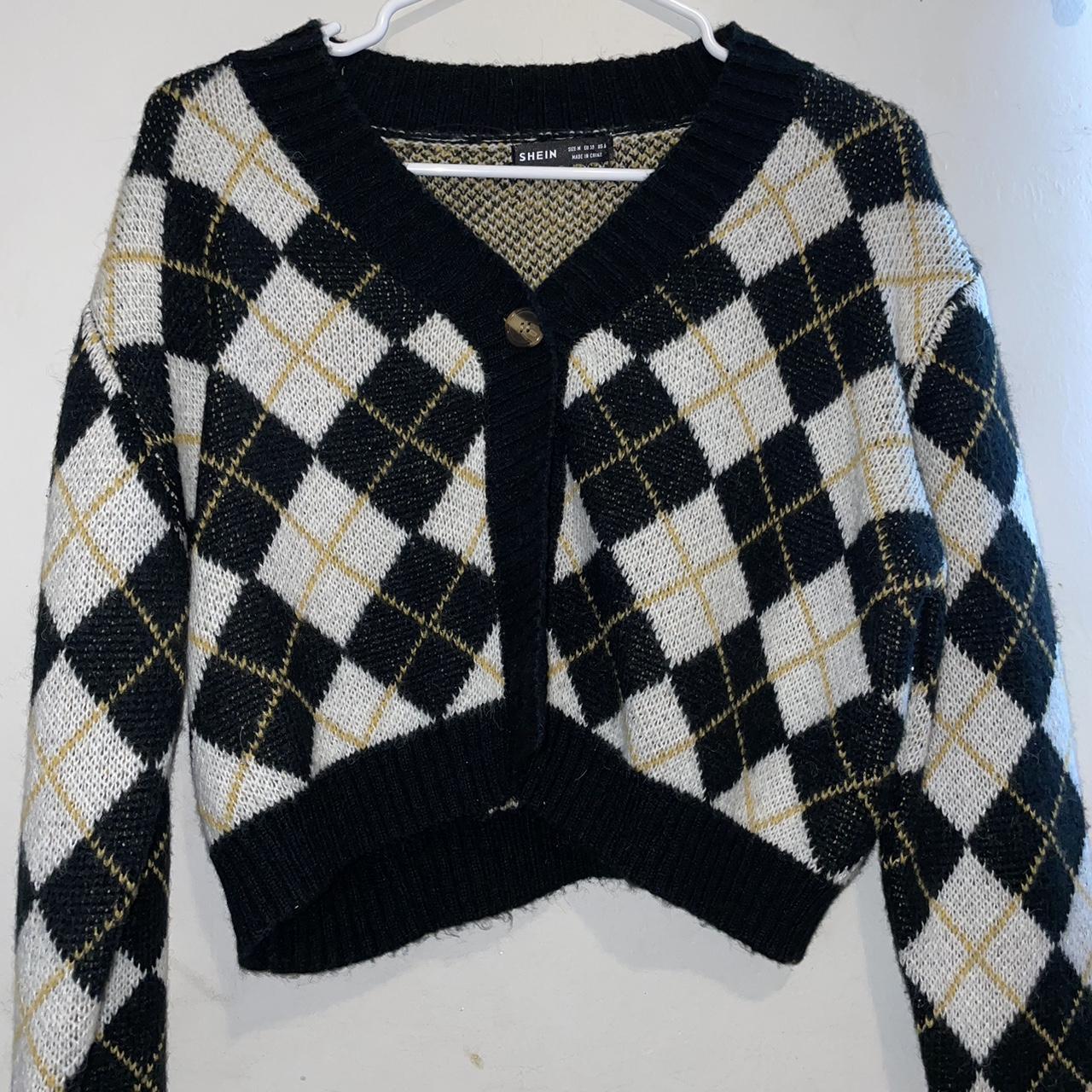 black and white diamond cardigan \ sweater button... - Depop