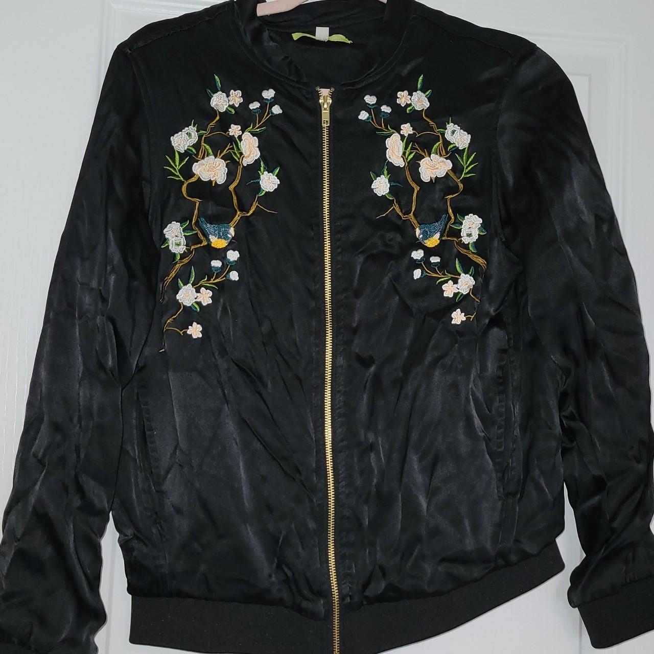 Gianni Bini black embroidered silk bomber jacket - Depop