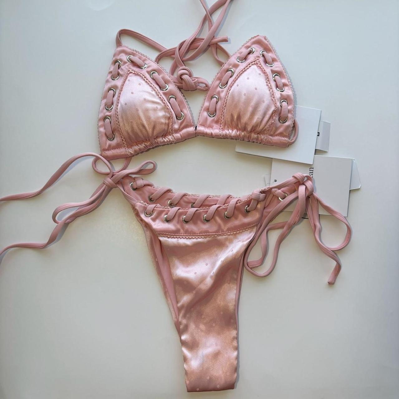 with jean bikini coquette lace pink ribbon - Depop