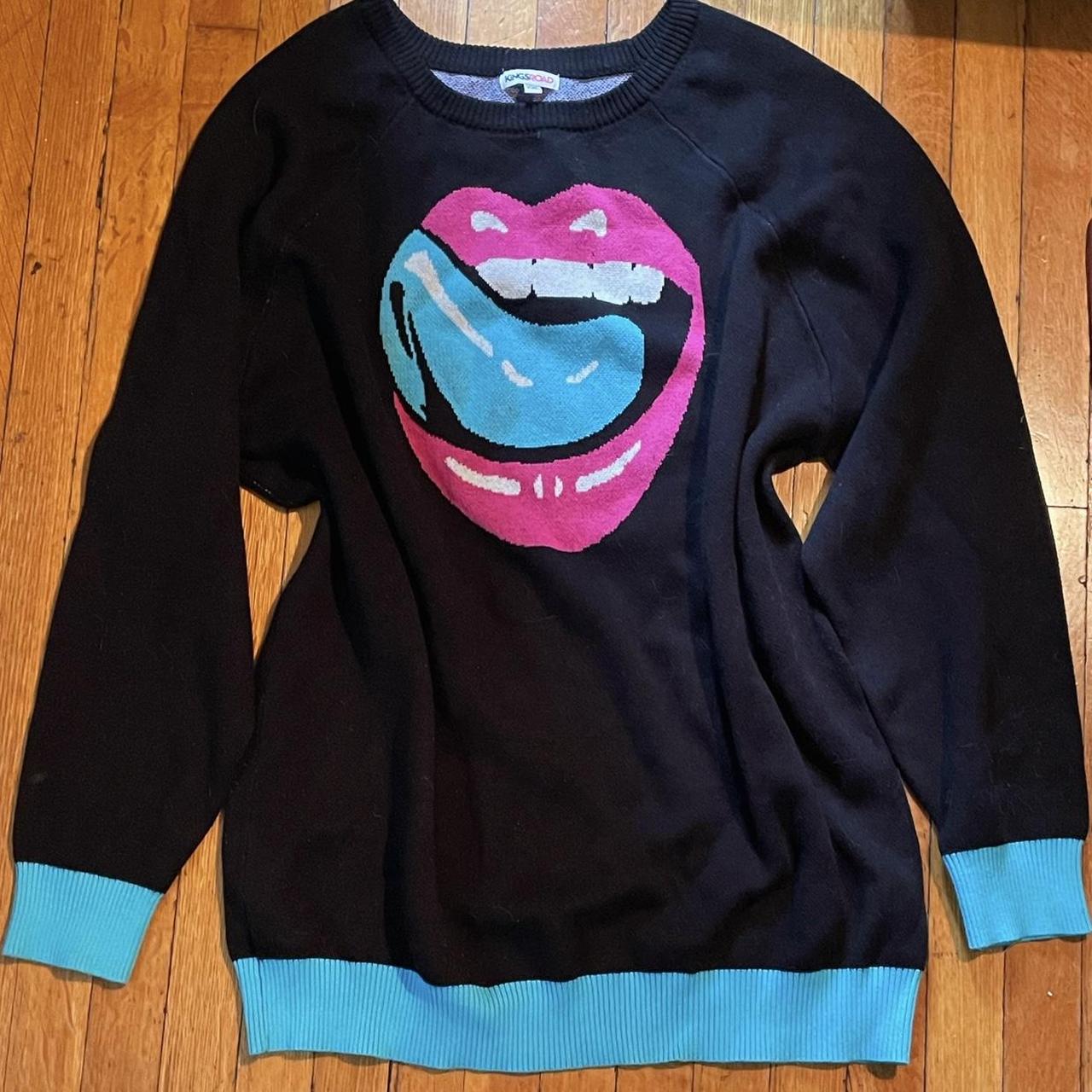 XXL Black and blue falling in reverse lips sweater... - Depop