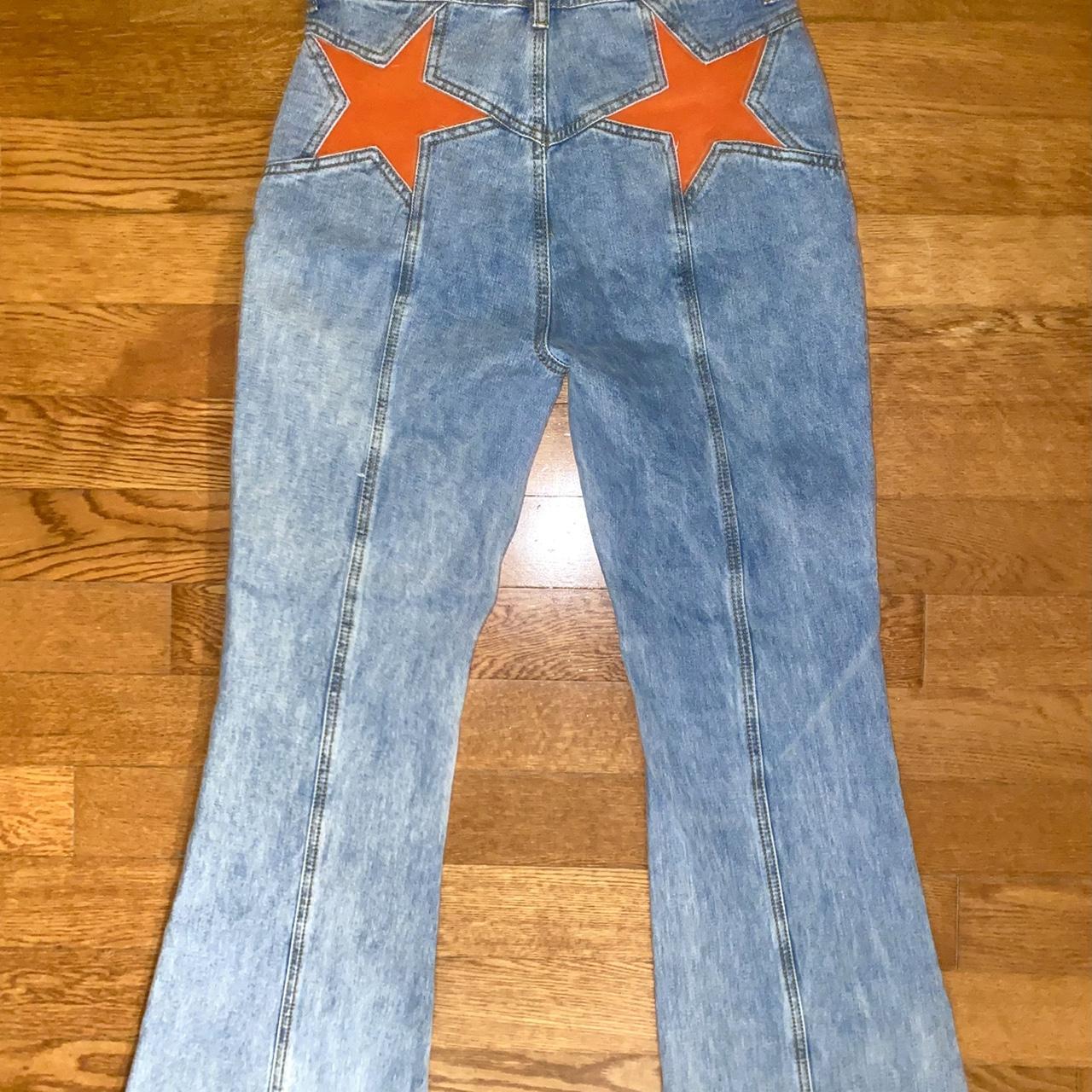 Blue bootcut jeans with red velvet star patchwork on... - Depop