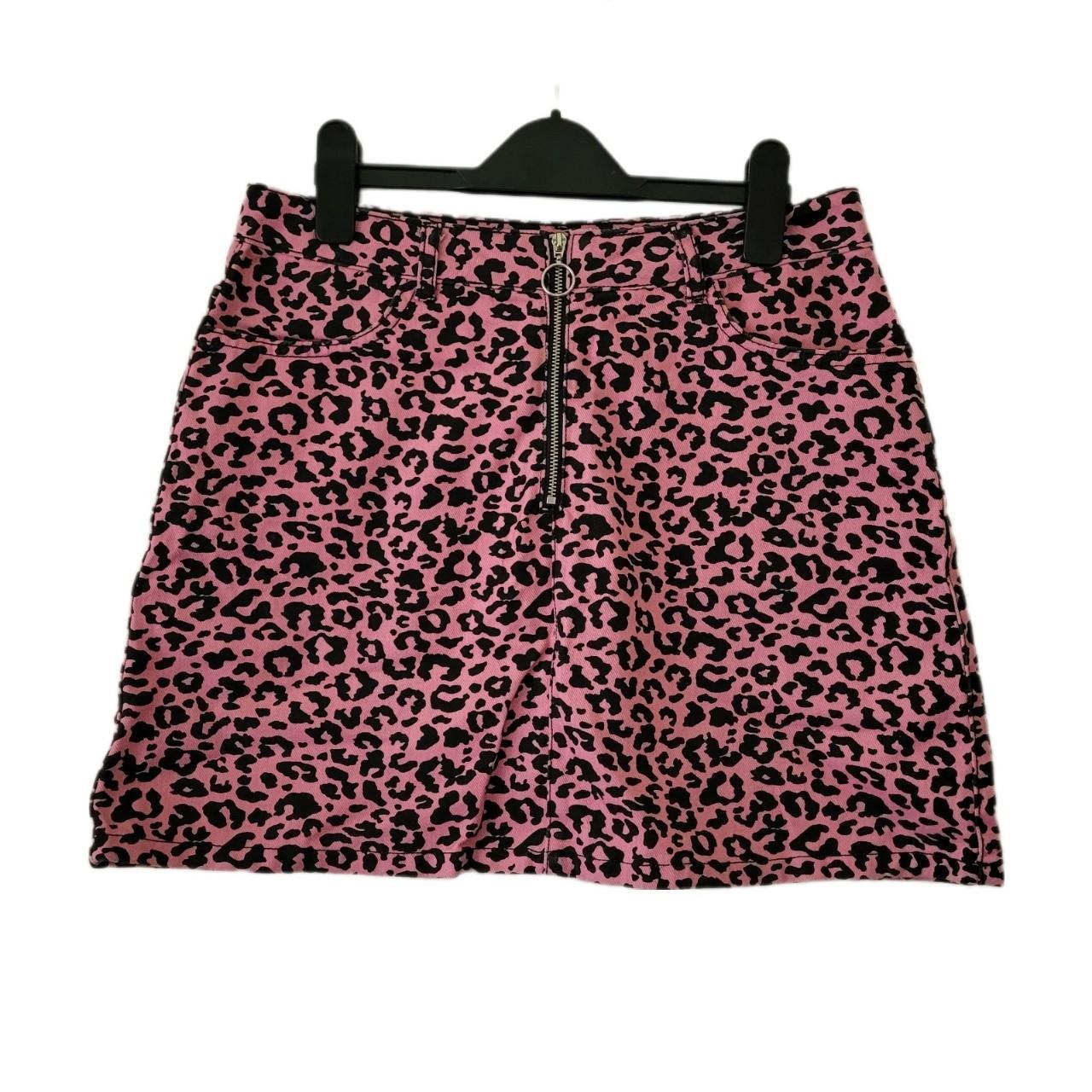 Primark pink leopard denim mini skirt. Size 10.... - Depop