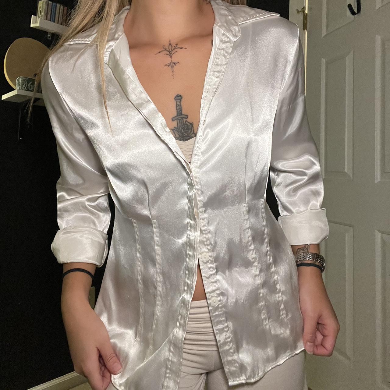 White Silk Button Down Blouse - Depop