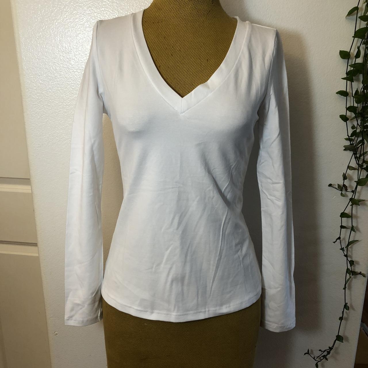 New SHEIN BASICS Cotton V-neck Form Fitted Solid Tee... - Depop