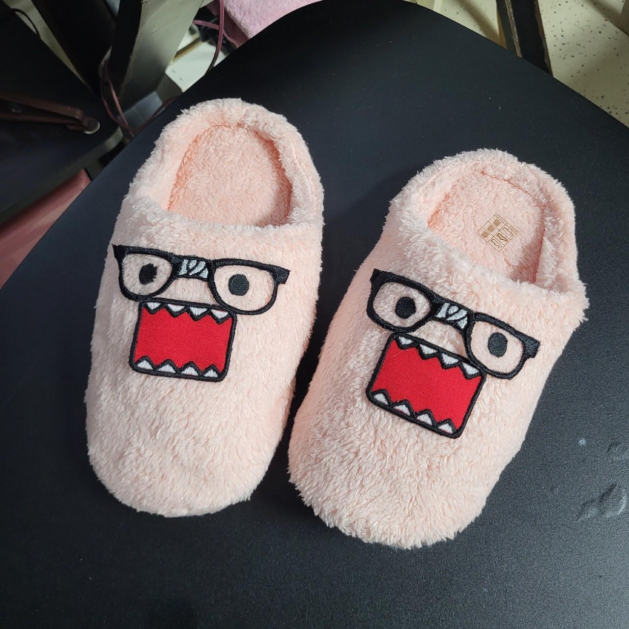Custom pink fluffy domo nerd house slippers never... - Depop
