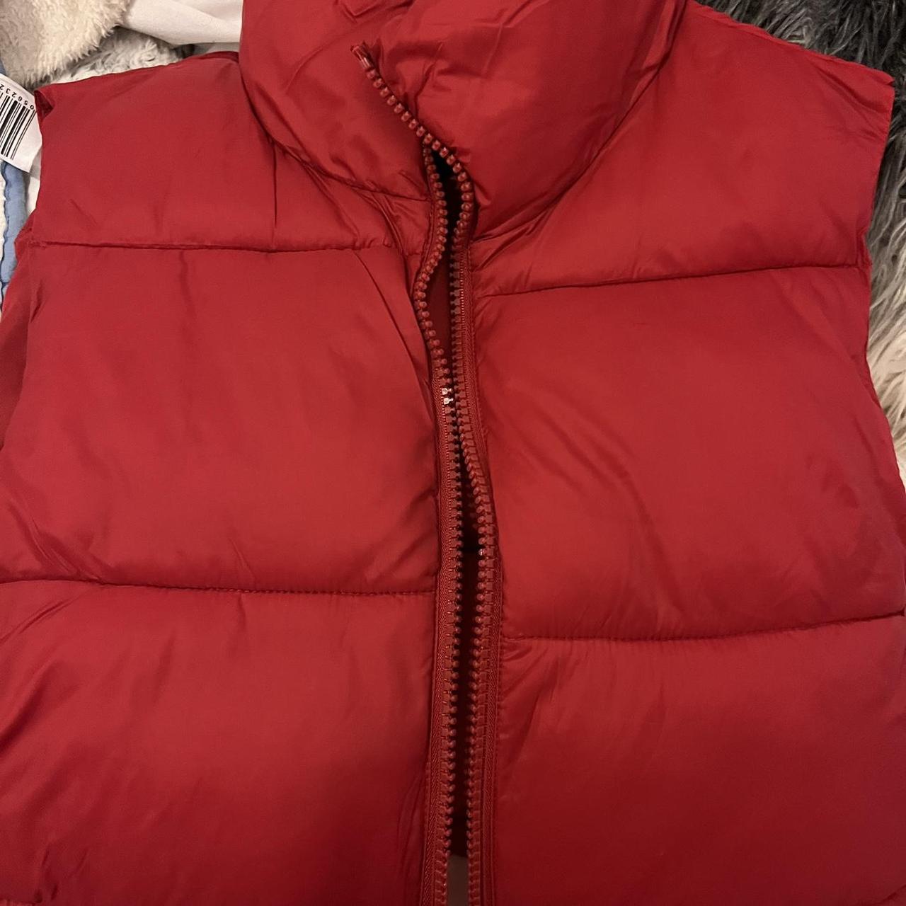 Stradivarius XS red padded gilet jacket only worn... - Depop