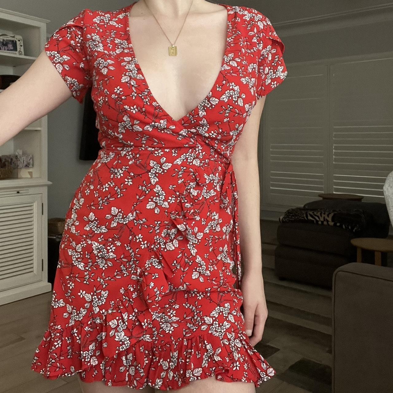 Red floral mini wrap dress Size: AU 8 #wrapdress... - Depop