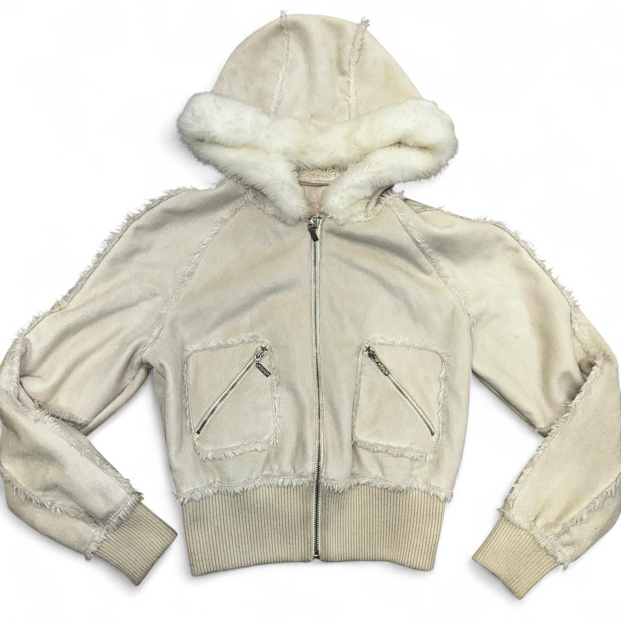 Y2K Candies Cream faux fur lined cropped zip-up... | Depop