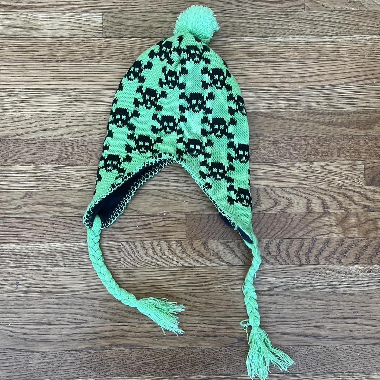 Neon green skull ear flap beanie with... - Depop