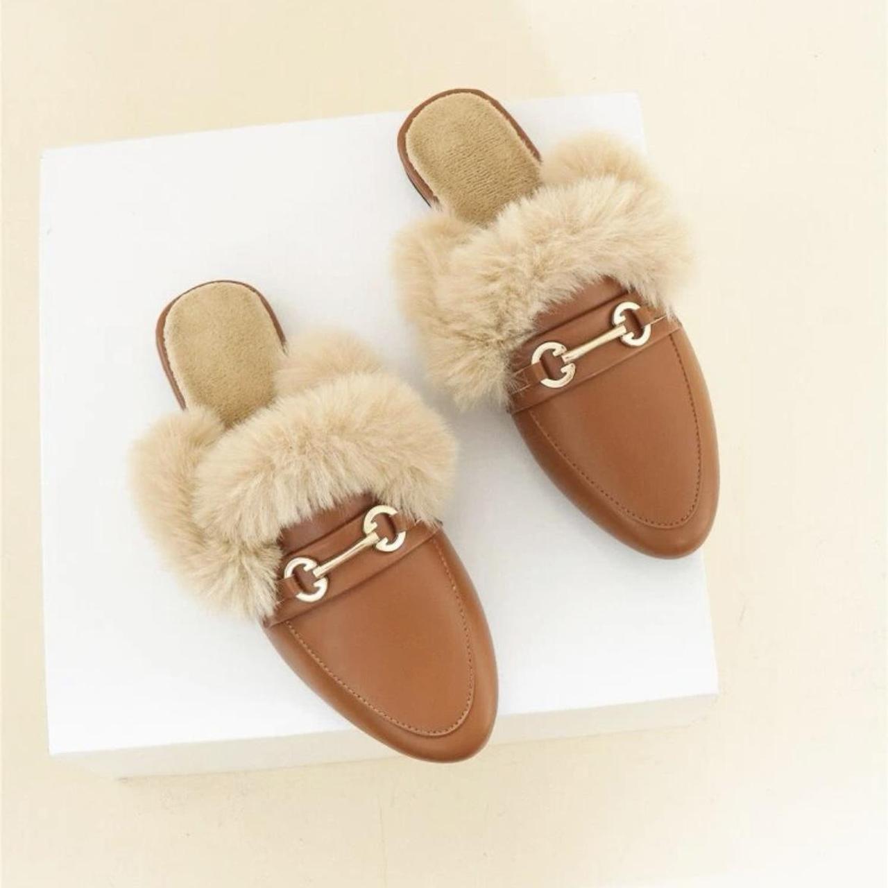 Brown fluffy mules with gold horse buckle - Depop