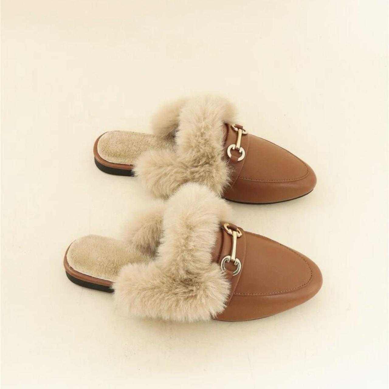 Brown fluffy mules with gold horse buckle - Depop