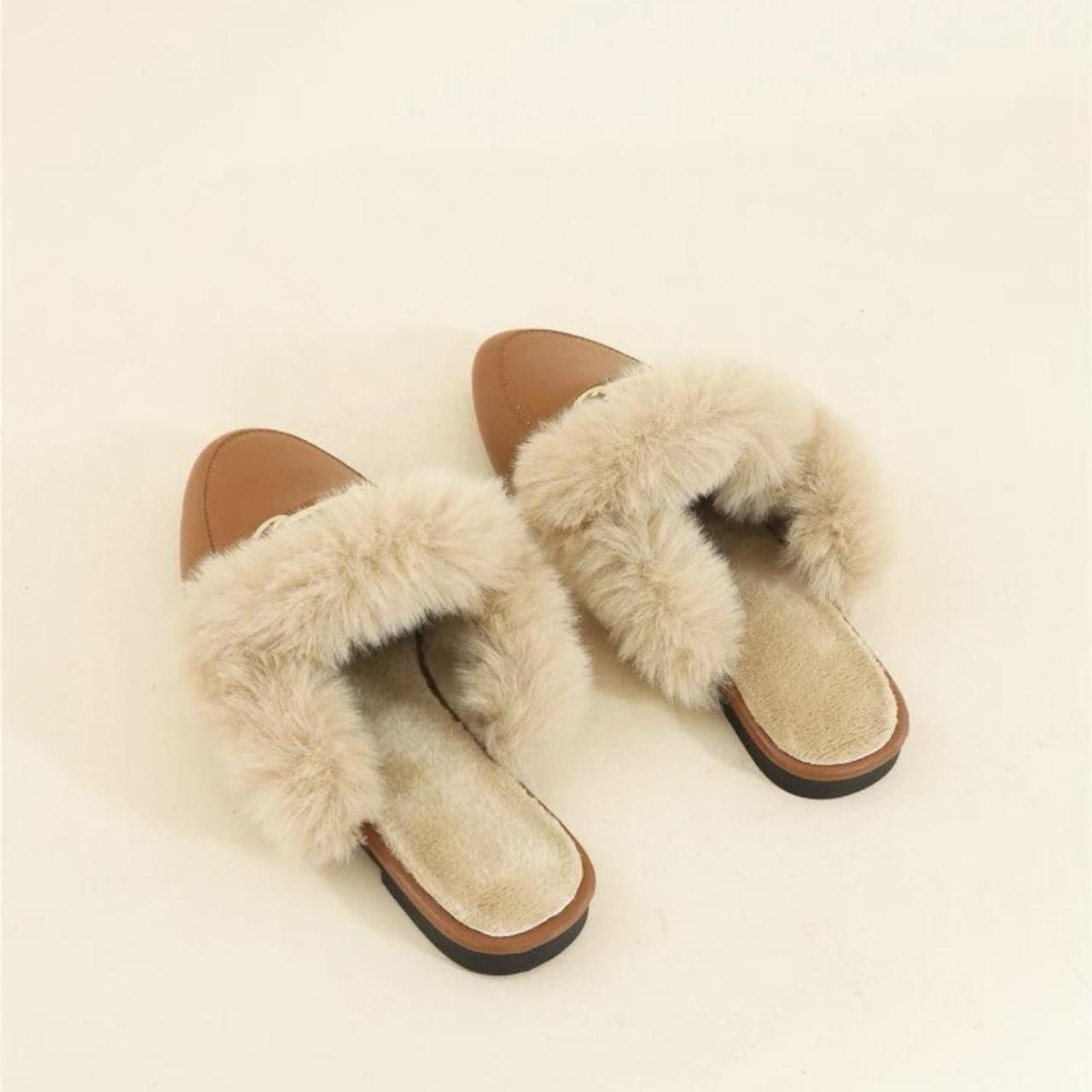 Brown fluffy mules with gold horse buckle - Depop