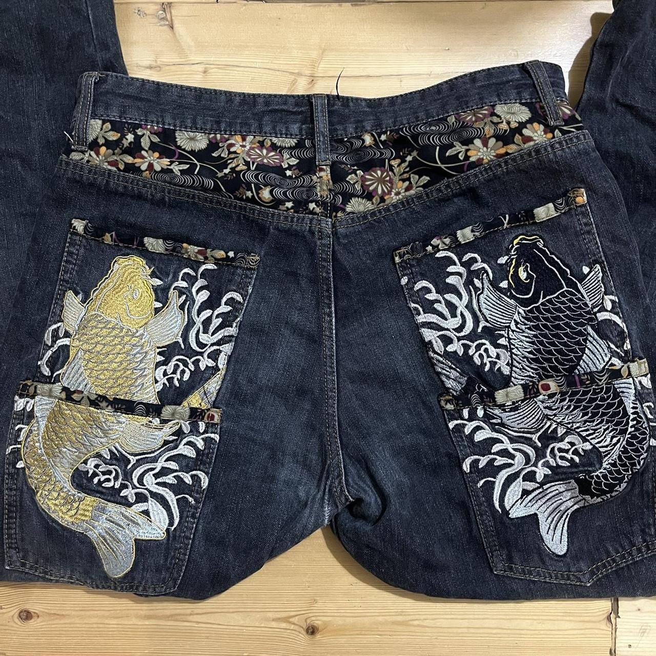 Vintage Japanese embroidered koi fish jeans , baggy... - Depop