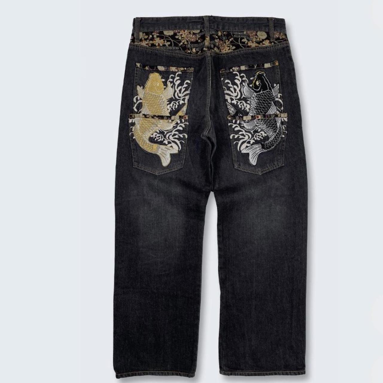 Vintage Japanese embroidered koi fish jeans , baggy... - Depop
