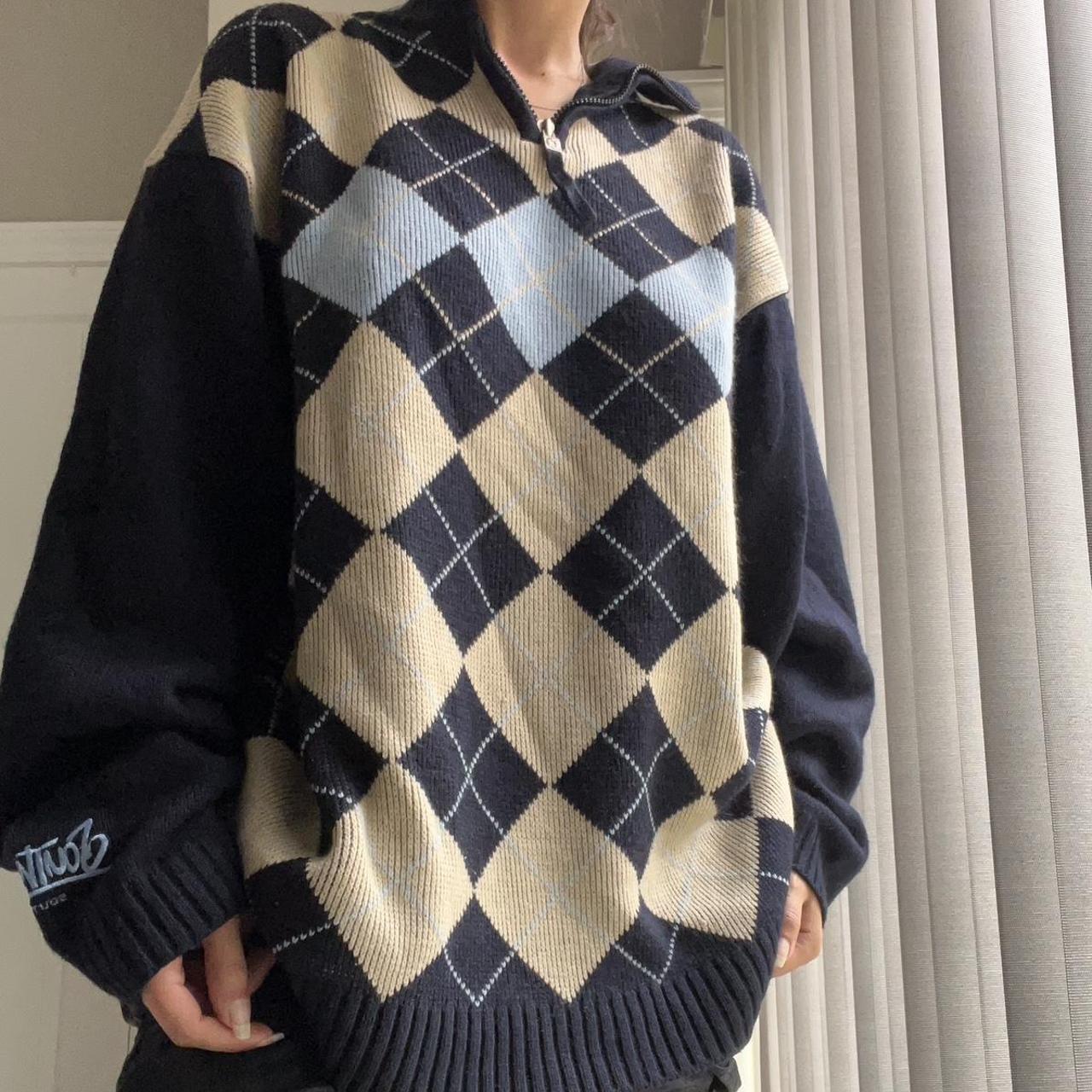 Vintage Blue and Yellow Argyle Quarter Zip Knit... - Depop