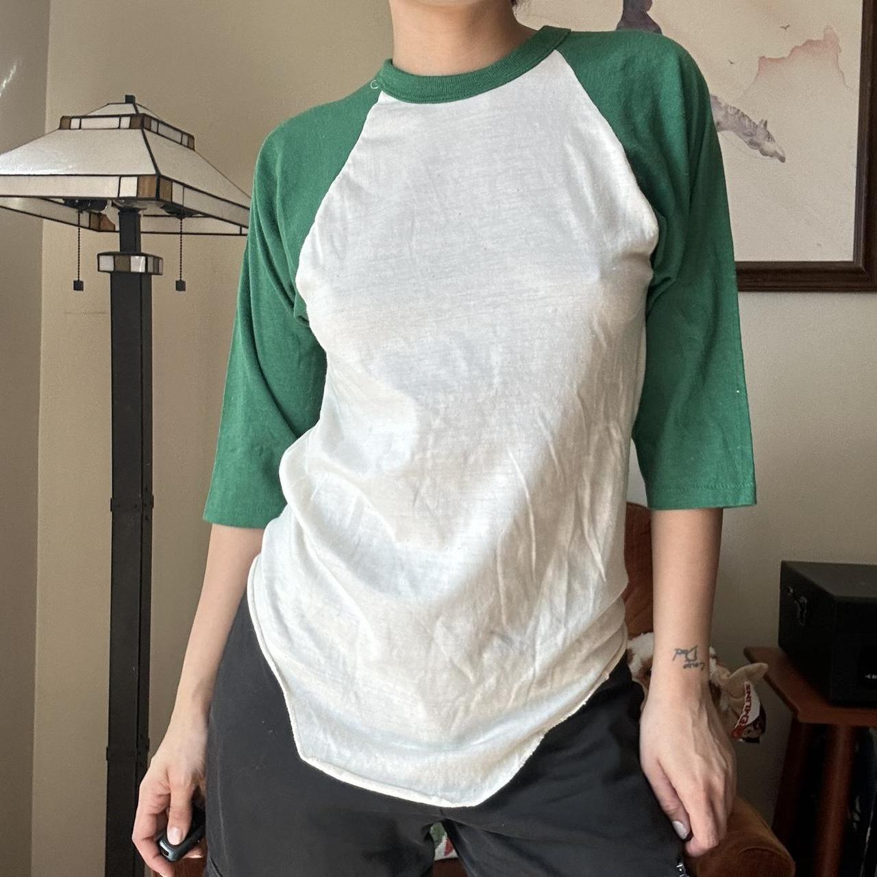 Union made true vintage raglan tee Green and white... - Depop