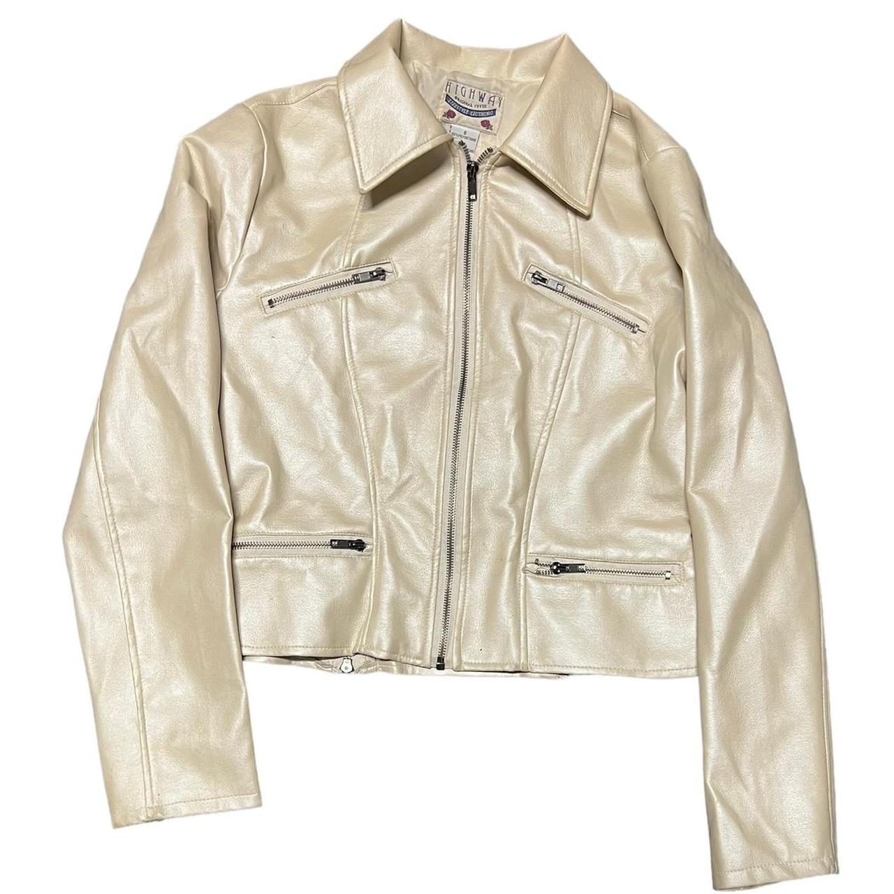 vintage y2k creme metallic polyurethane moto jacket... - Depop