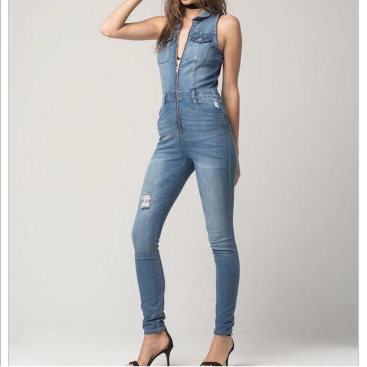 Denim jumpsuit Zip up closure Two front pockets and... | Depop