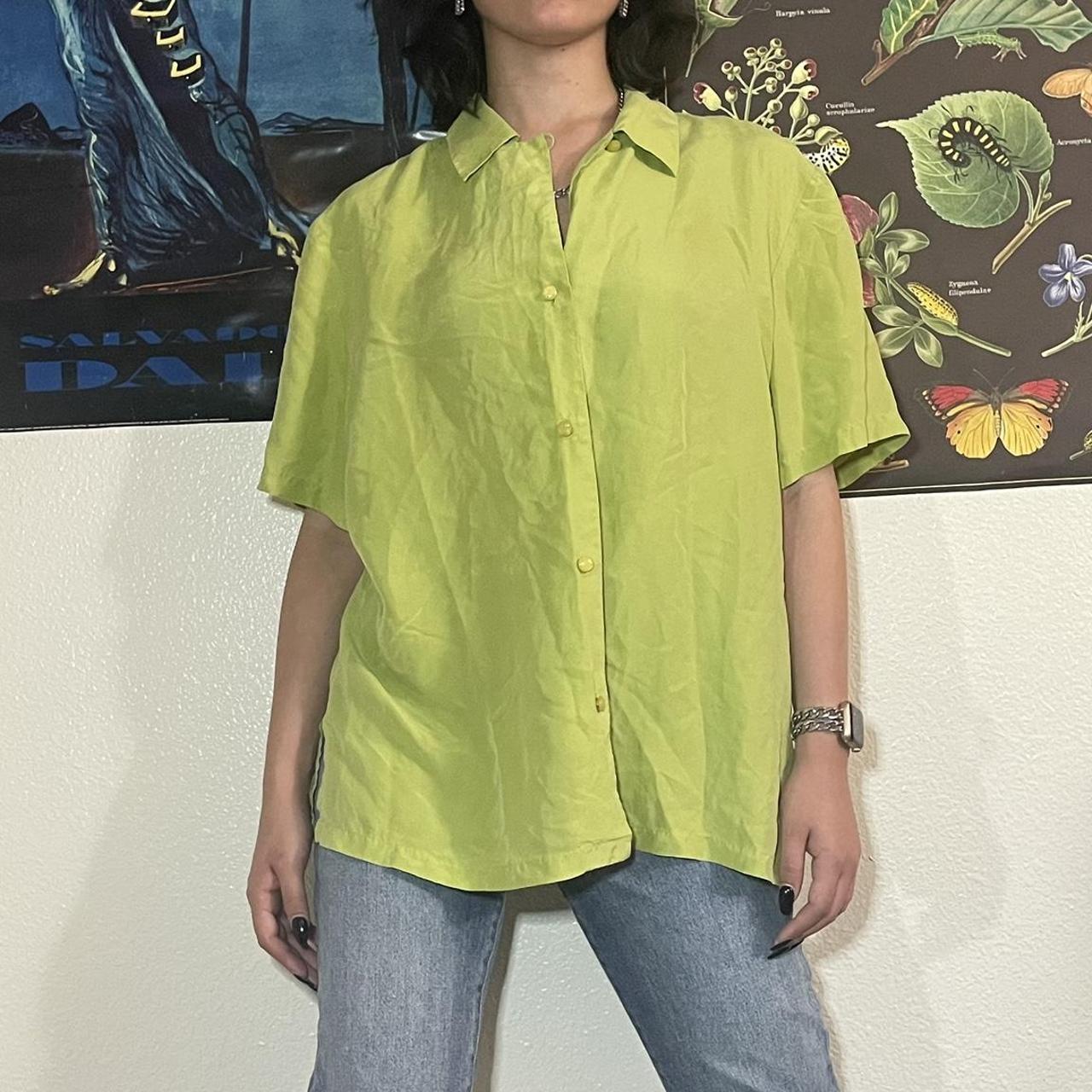 Lime Green Button Up Shirt Light fabric, short... - Depop