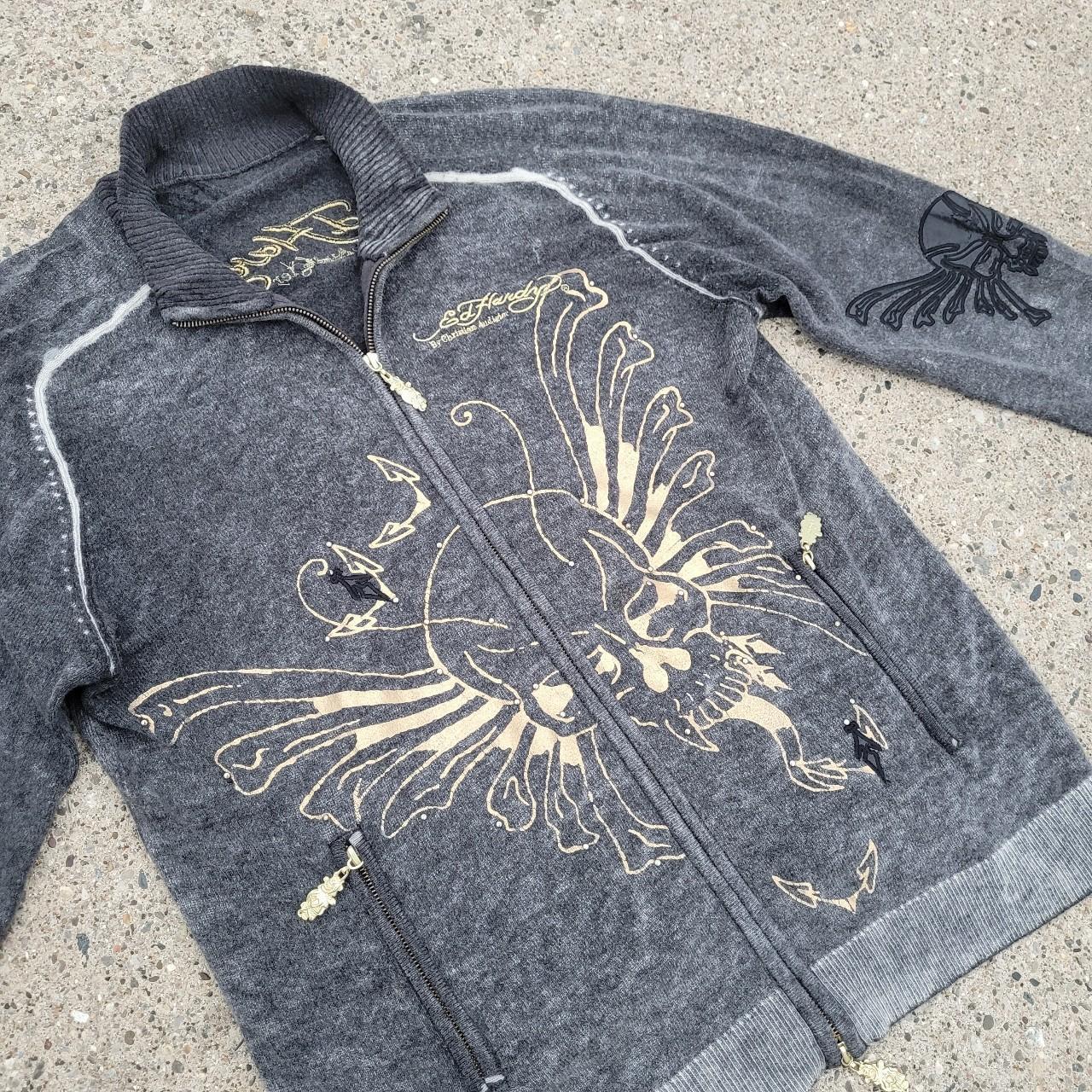 Ed Hardy Men's Grey and Gold Jacket | Depop
