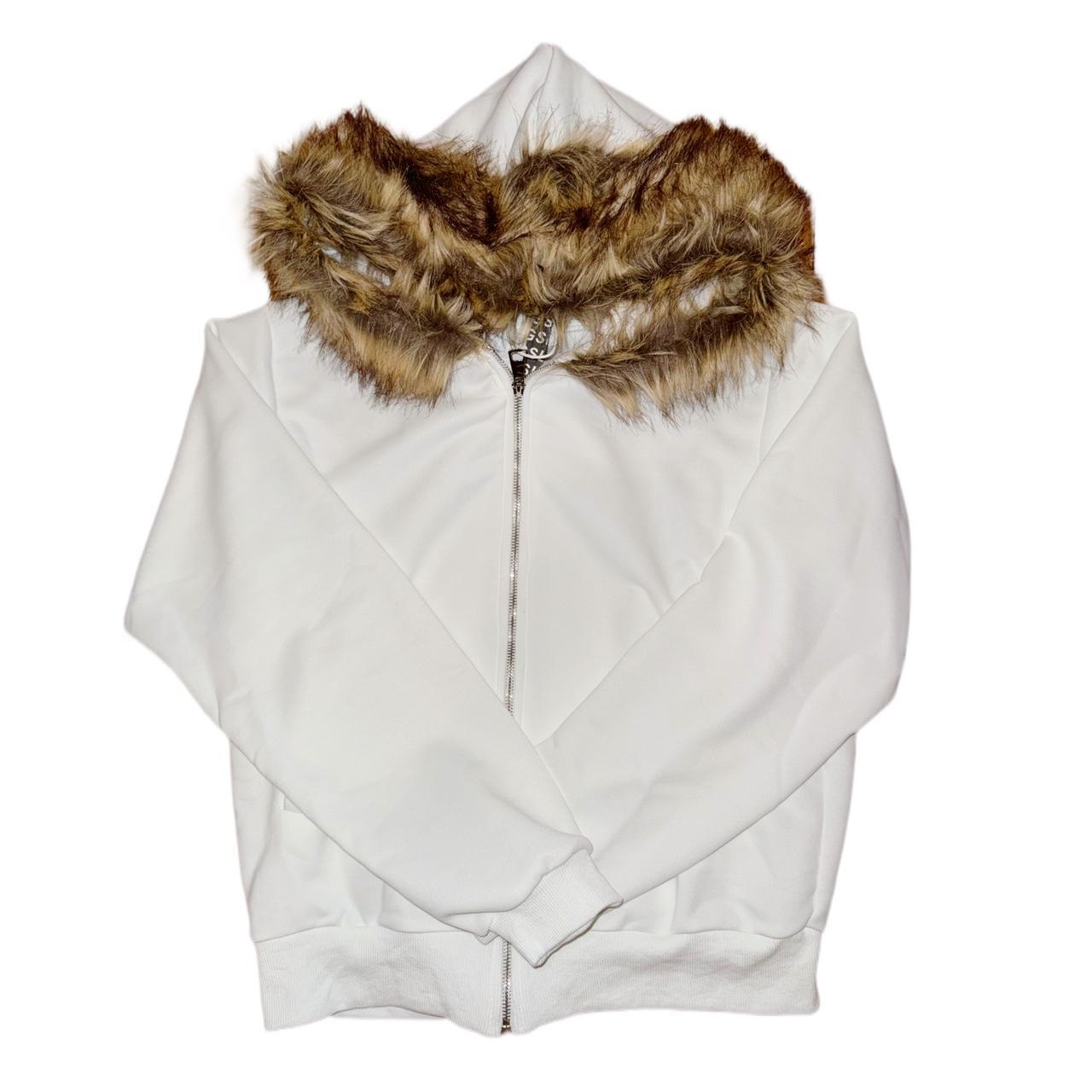 Fur Hooded Zip Up White faux fur hooded zip up... - Depop