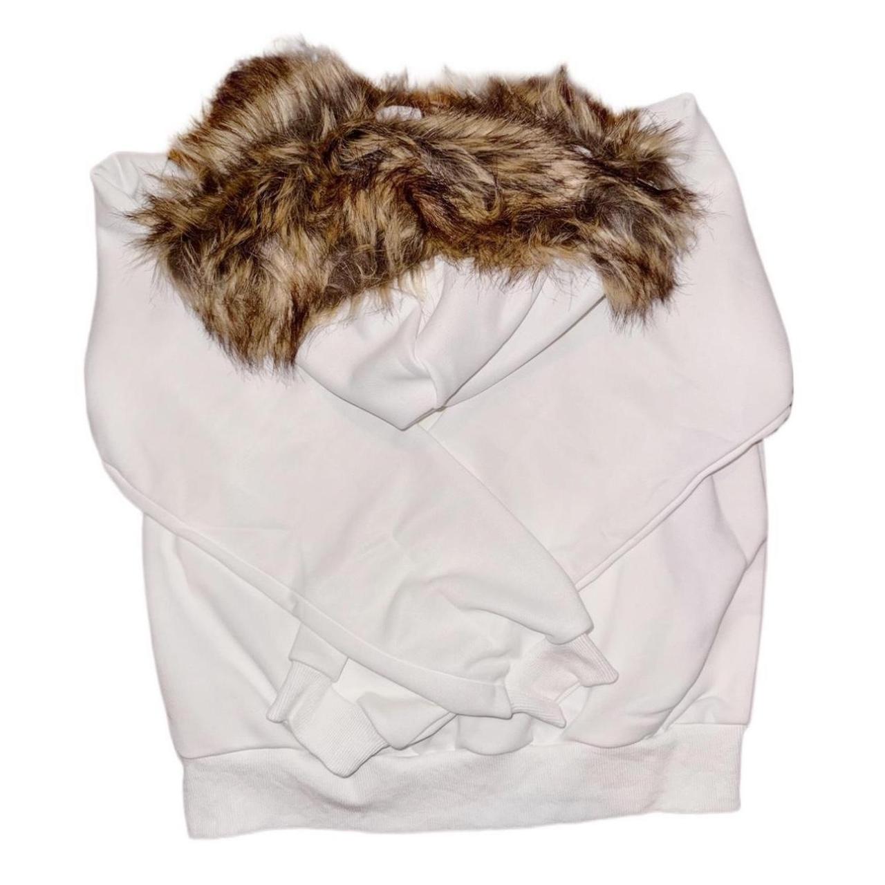 White Fur Hooded Zip Up Size: S White faux fur... - Depop