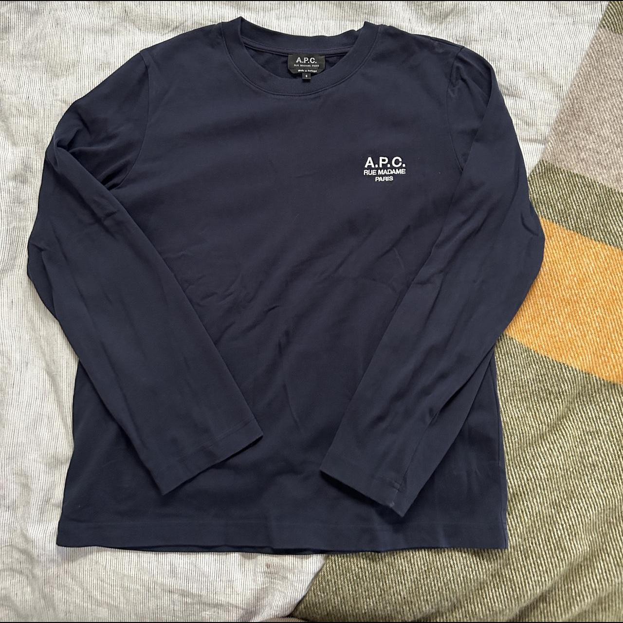 APC navy long sleeve logo tee. Size S. Barely worn,... - Depop