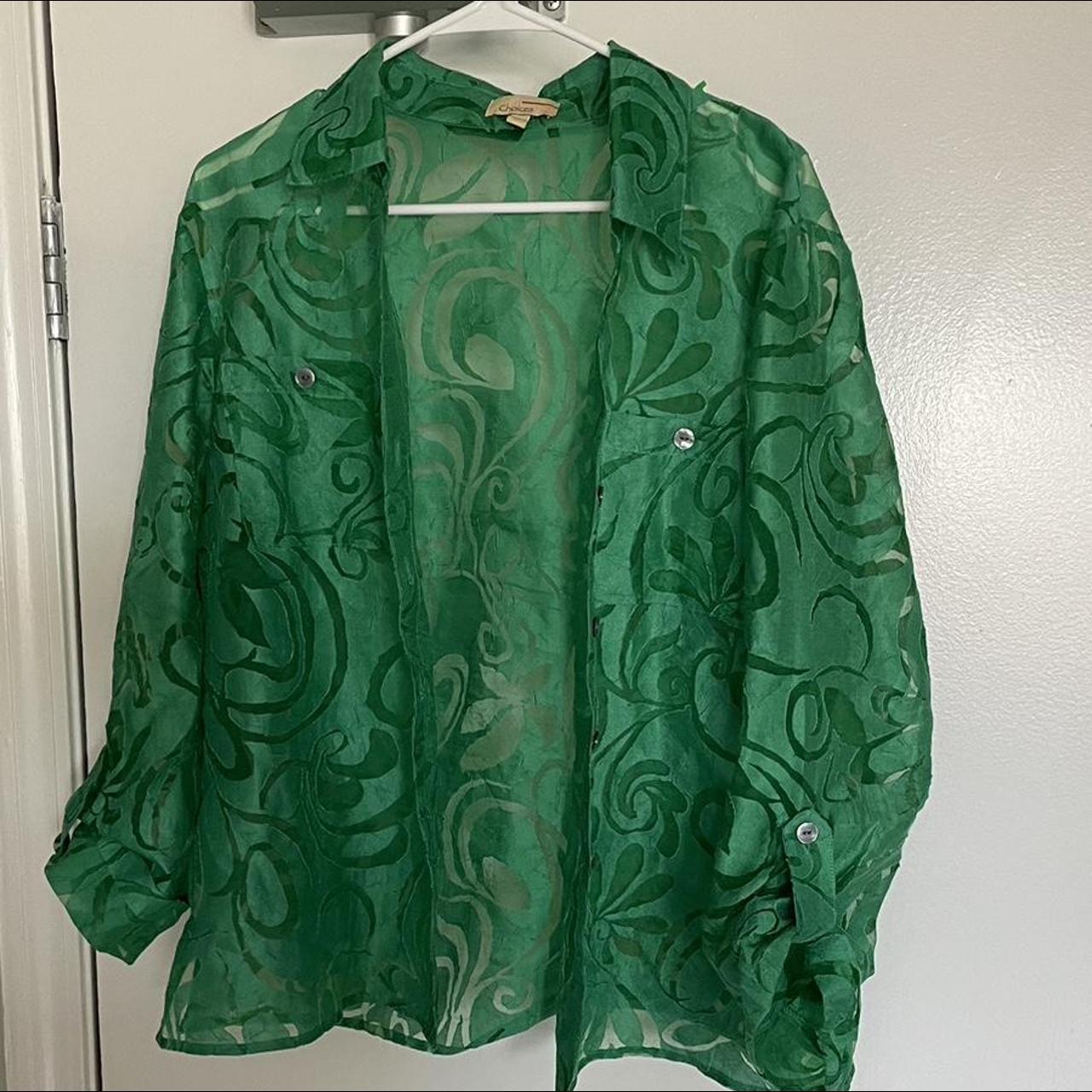 cool green see through pattern button down!... - Depop