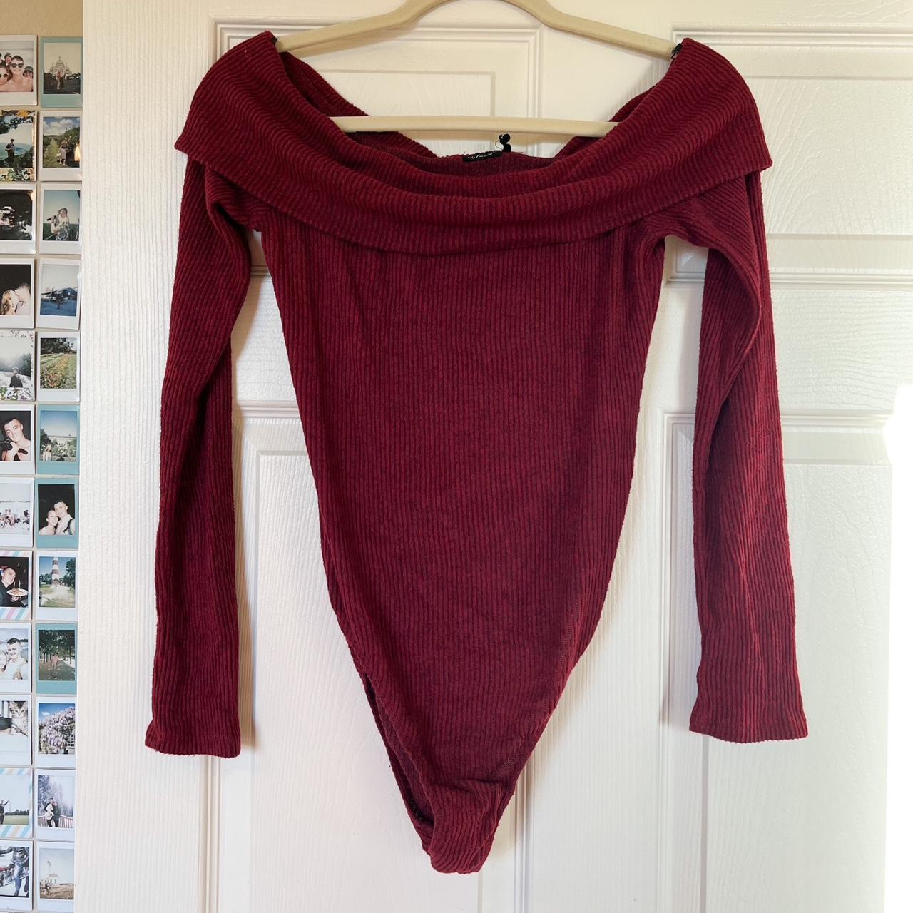 Maroon wide cowl neck long sleeve body suit from Out... - Depop
