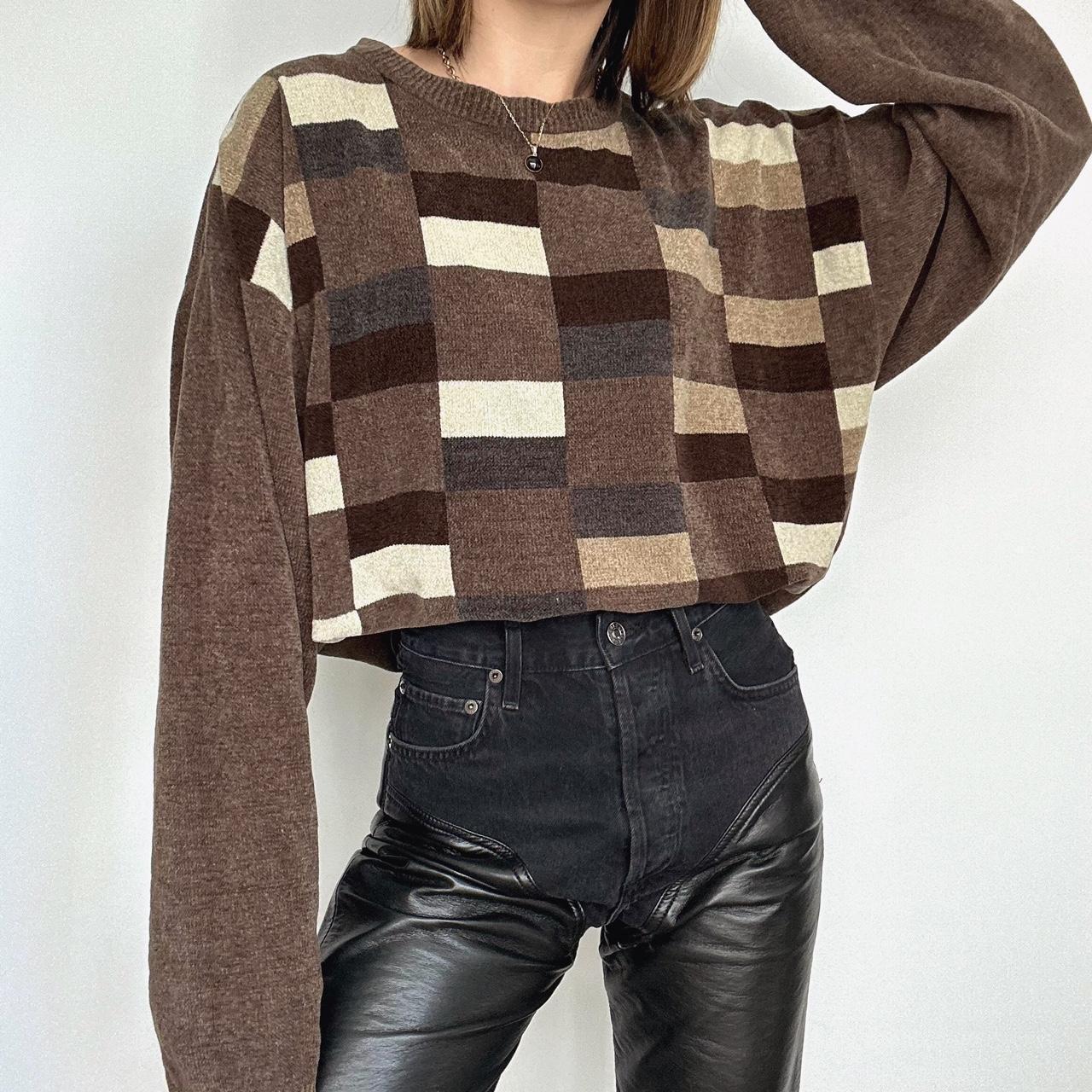 Vintage Oversized Checker Print Chenille Sweater... - Depop