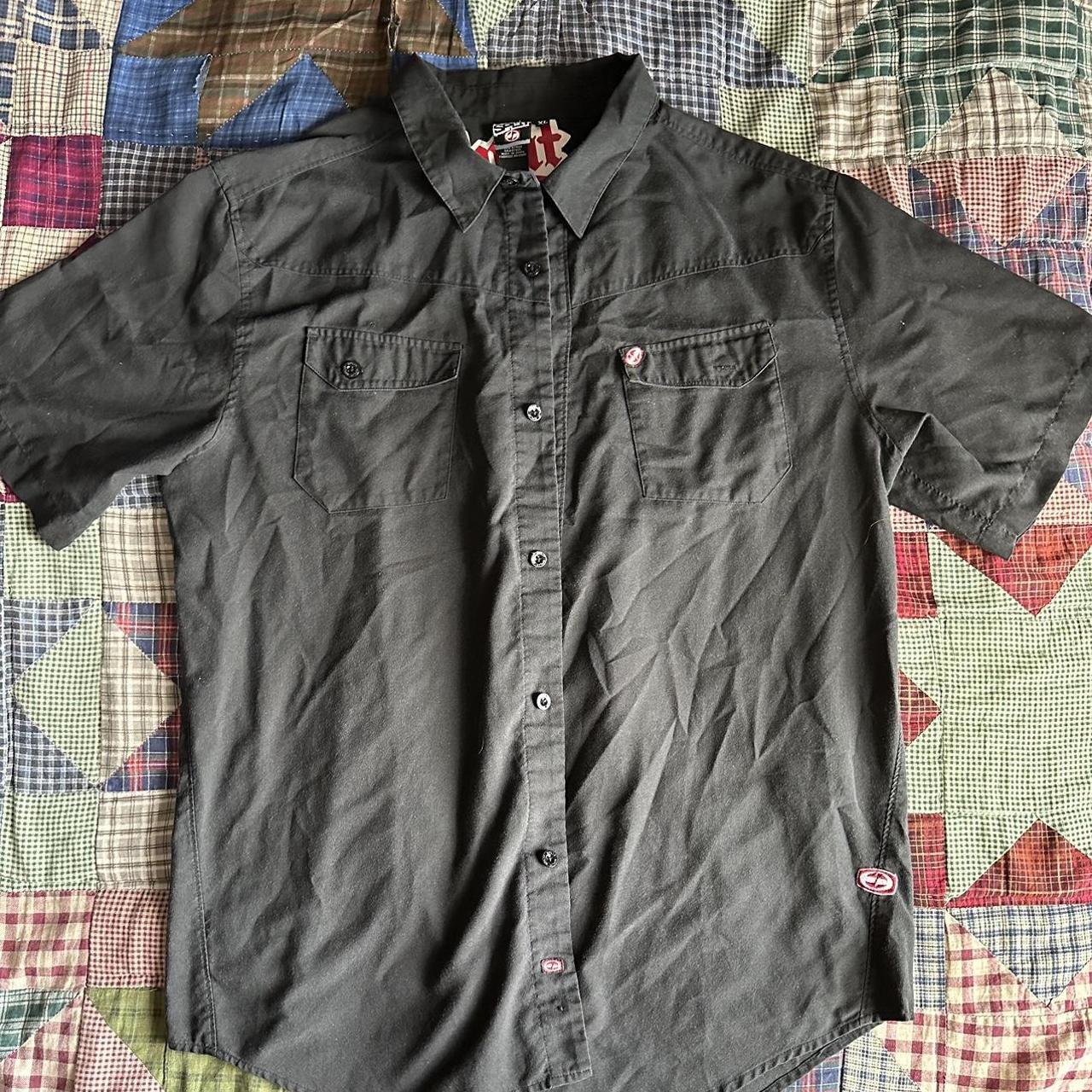 BLACK SPLIT BUTTON UP • vintage split black button... - Depop