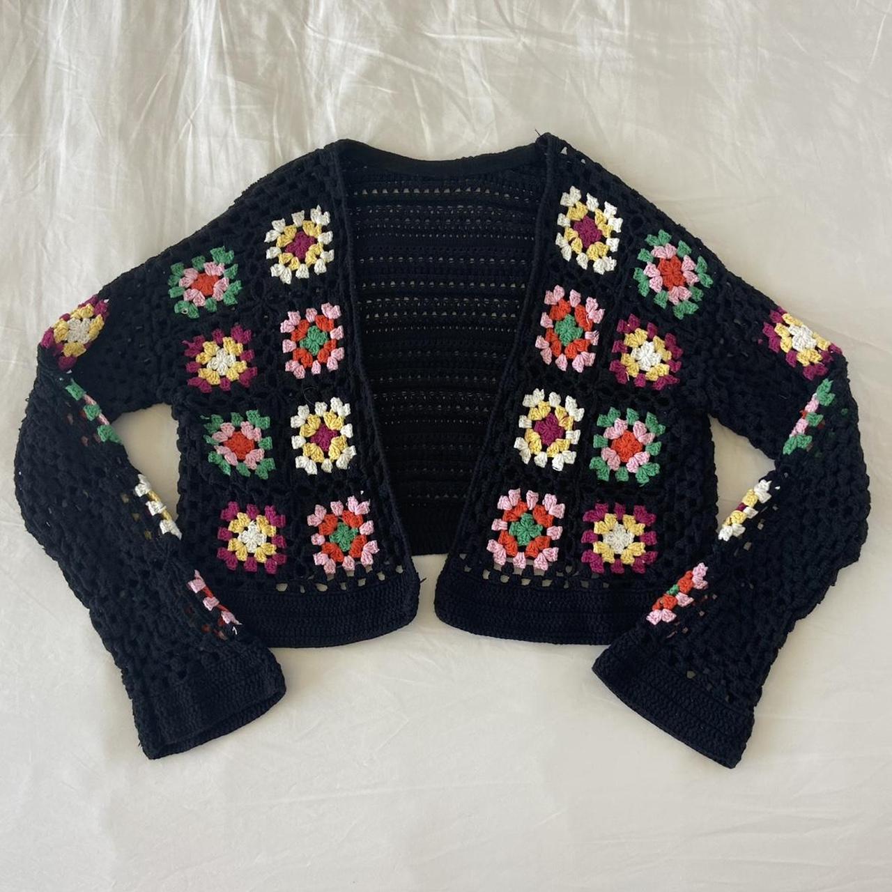 Black cropped crochet cardigan with multicolor patch... - Depop