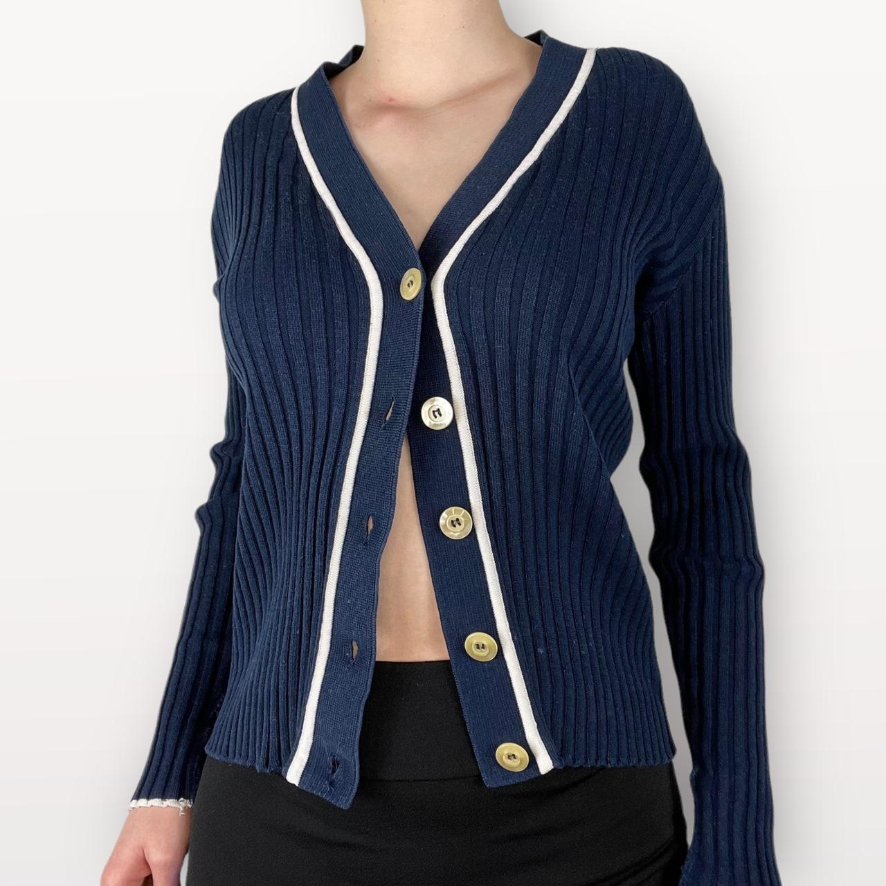 Vintage navy blue ribbed button up cardigan with... - Depop