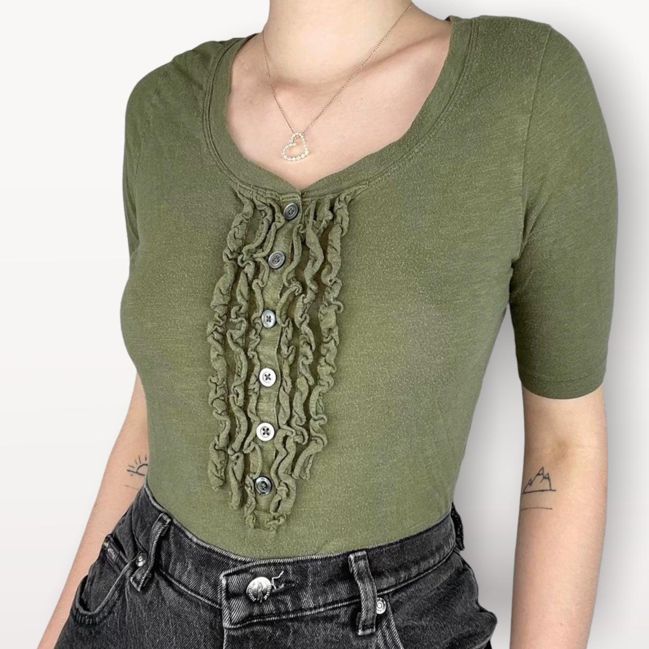 Y2K forest green fairy grunge short sleeve henley... - Depop